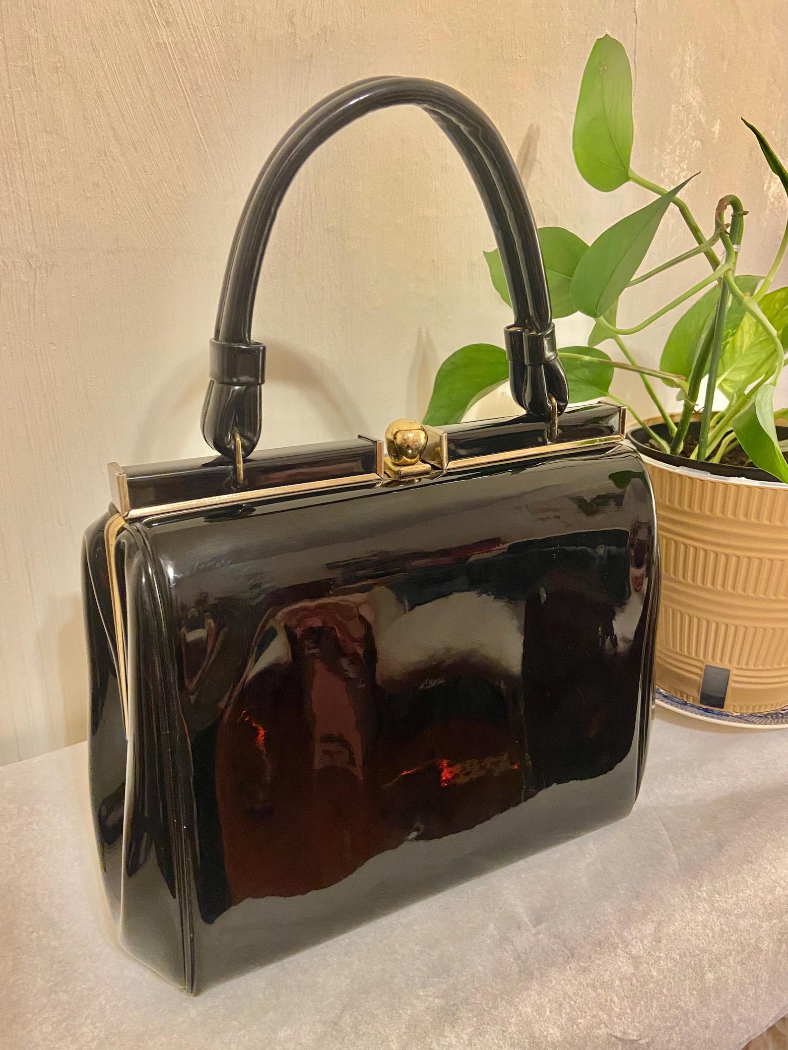 Vintage 60s Old Fashion Handbag Purse Black Patent Leather Pocketbook ...