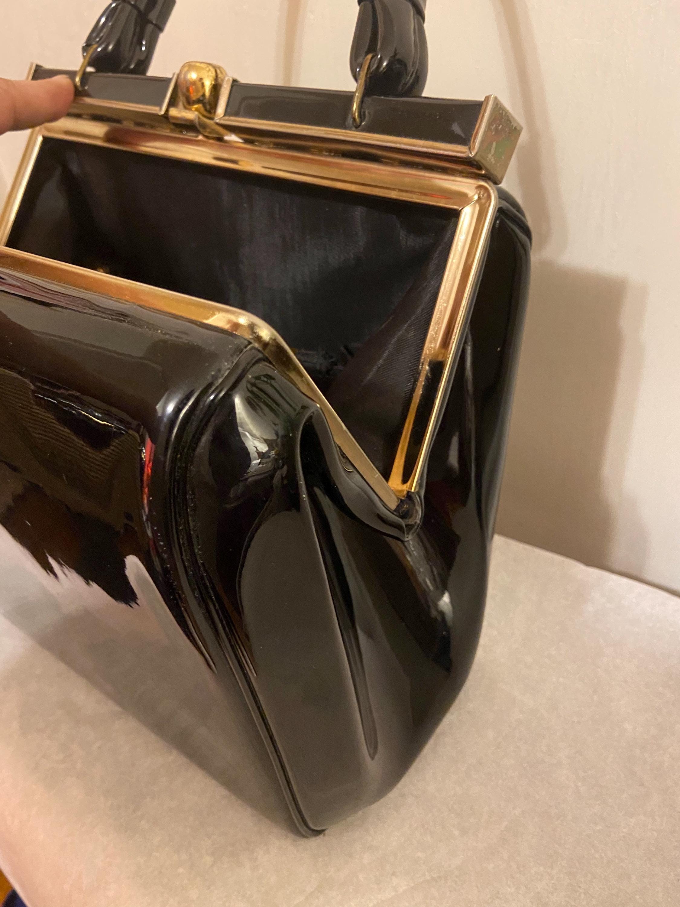Vintage 60s Old Fashion Handbag Purse Black Patent Leather Pocketbook ...