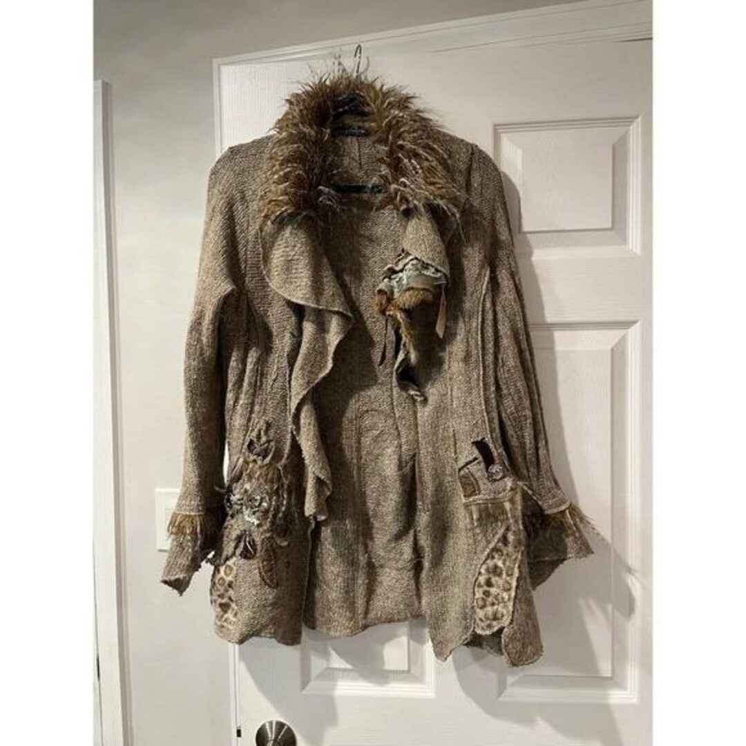 Vintage Juju & Christine Women's Faux Fur Collar Tweed Knit Cardigan ...