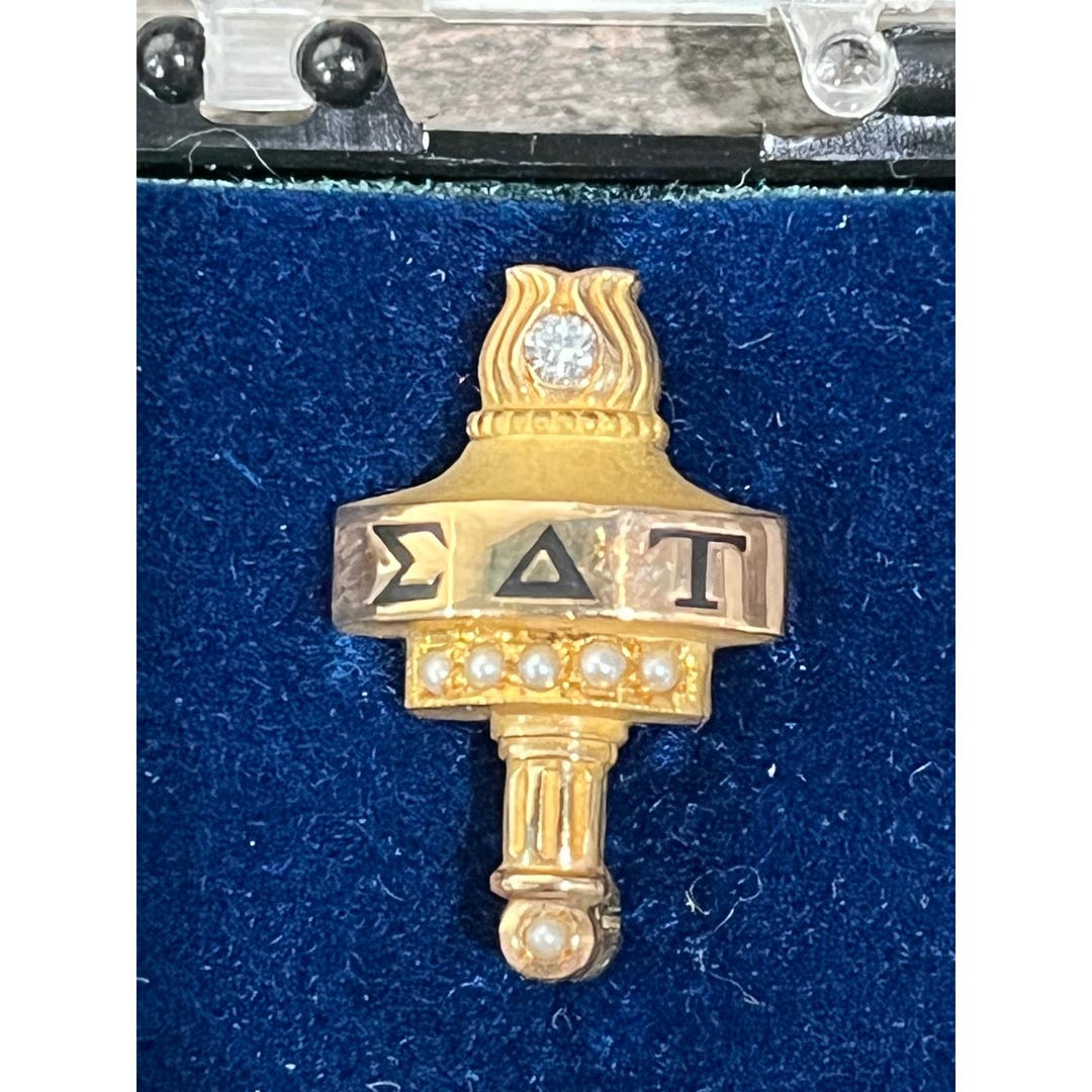 Vintage Sigma Delta Tau Sorority Torch Pin Diamond Pearl 10K Gold SDT ...
