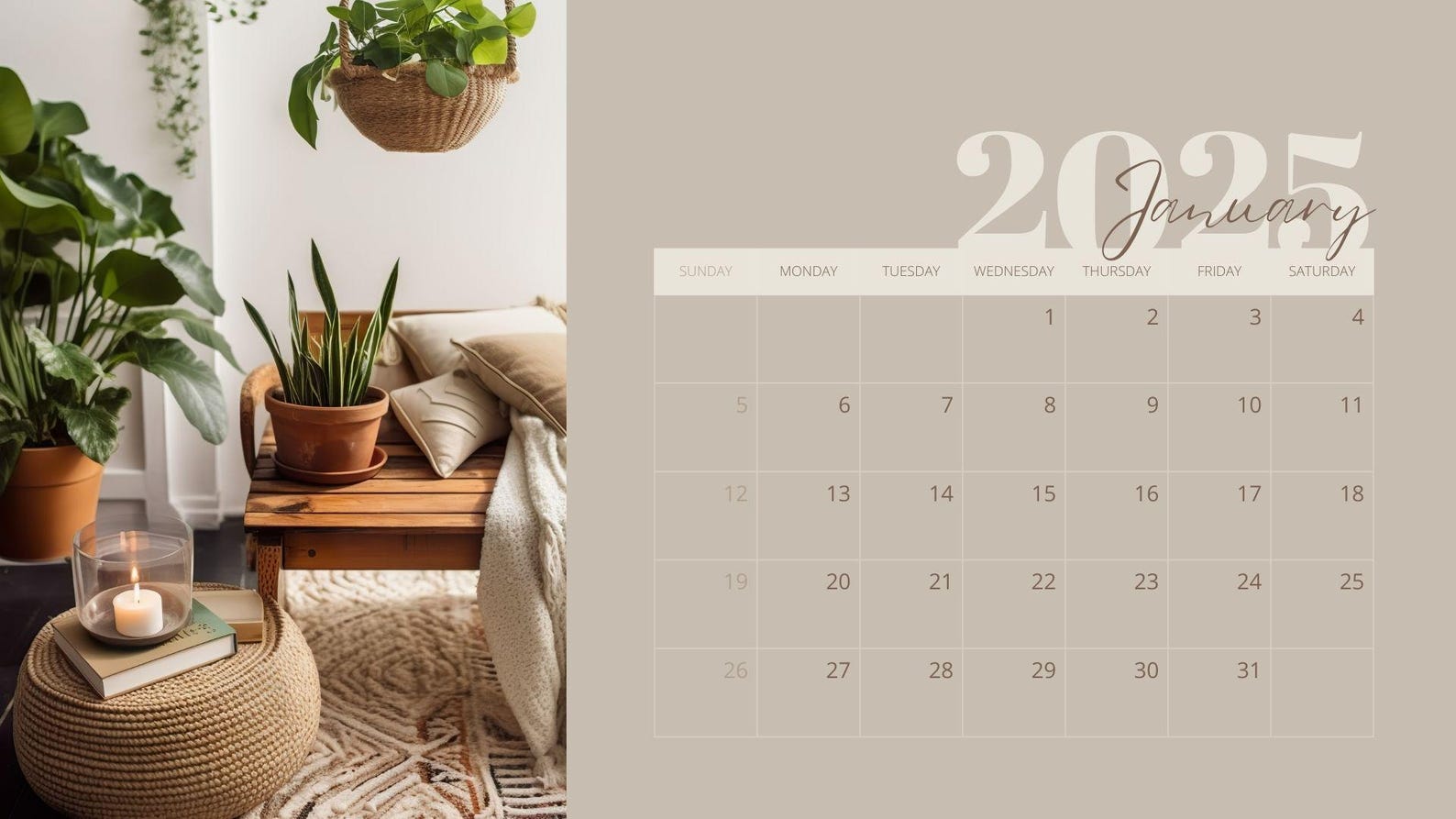 Aesthetic Neutrals 2025 Calendar Minimalist Printable Digital Download ...