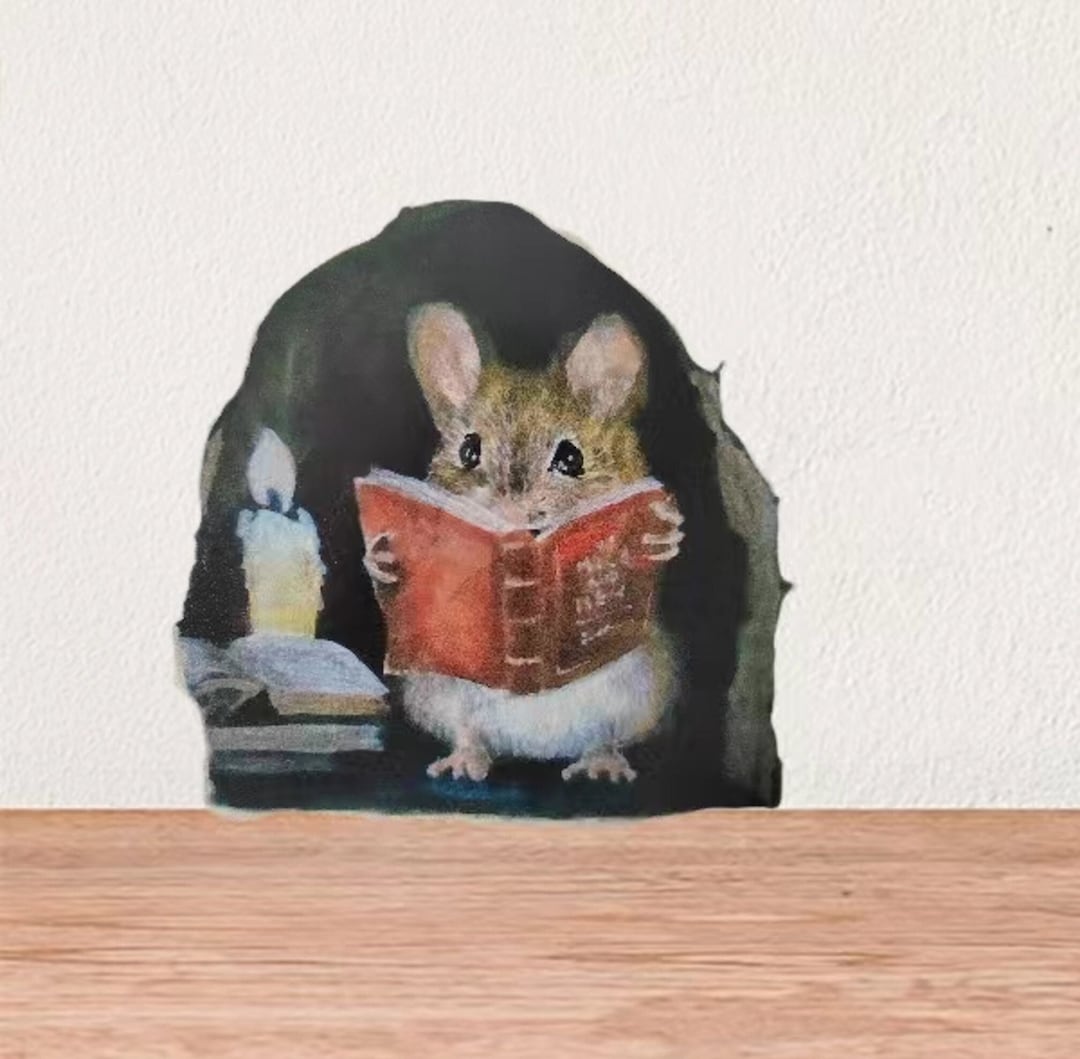 Mouse Reading a Book 3d Mouse Sticker Realistic Mouse Wall Decal Book ...