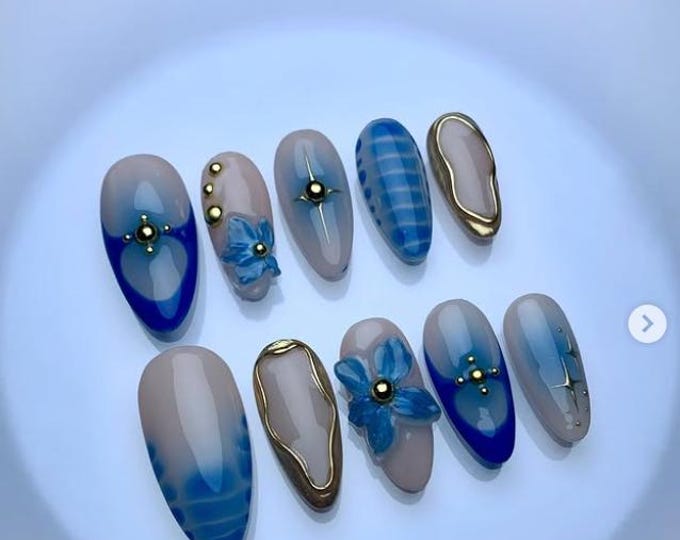 Elegant Press on Nail With Blue Tip and Gold Design and 3d Sculpted ...