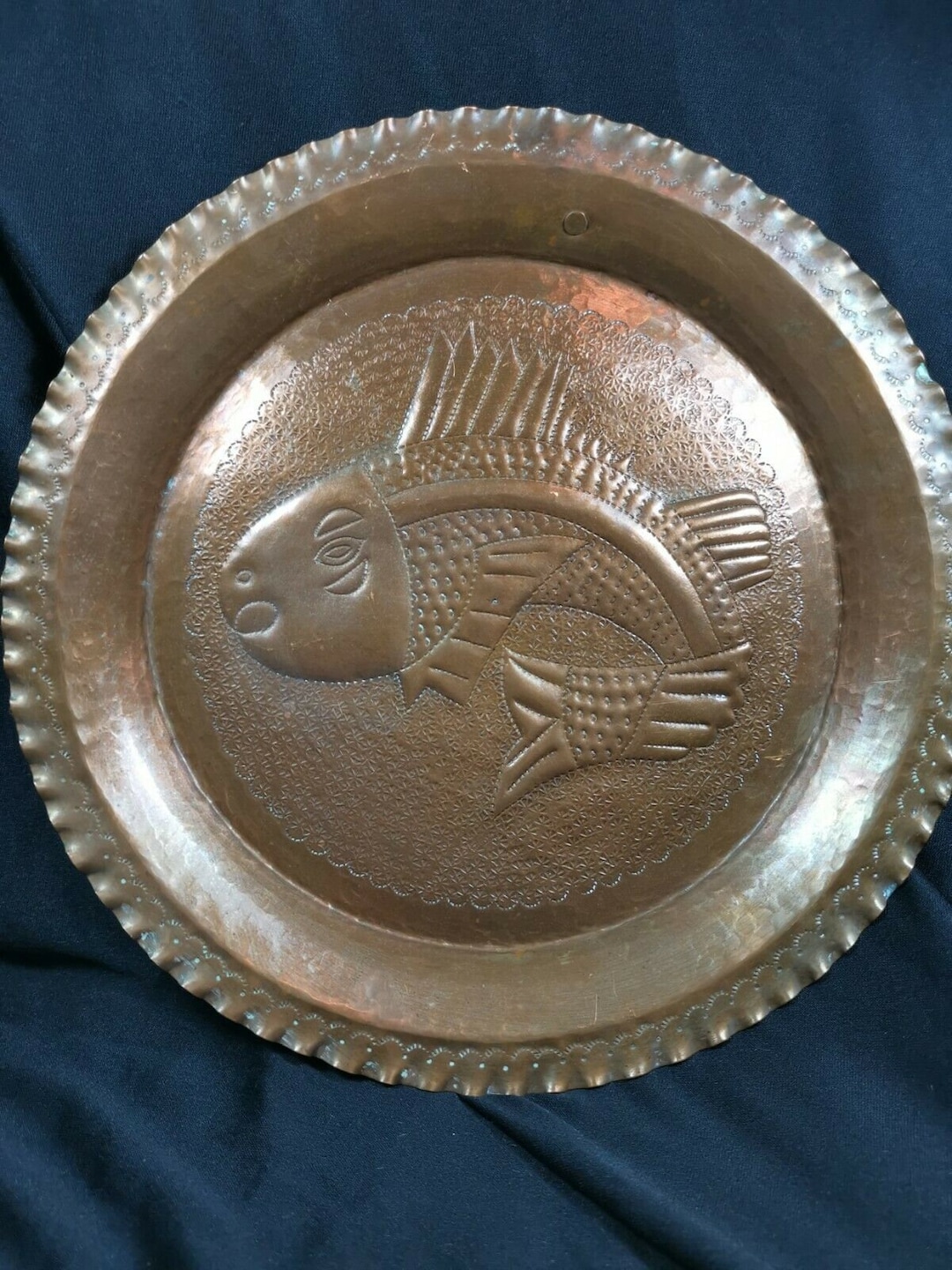 Antique Hand Hammered Copper Metal Fish Platter Plate Serving Tray Wall ...
