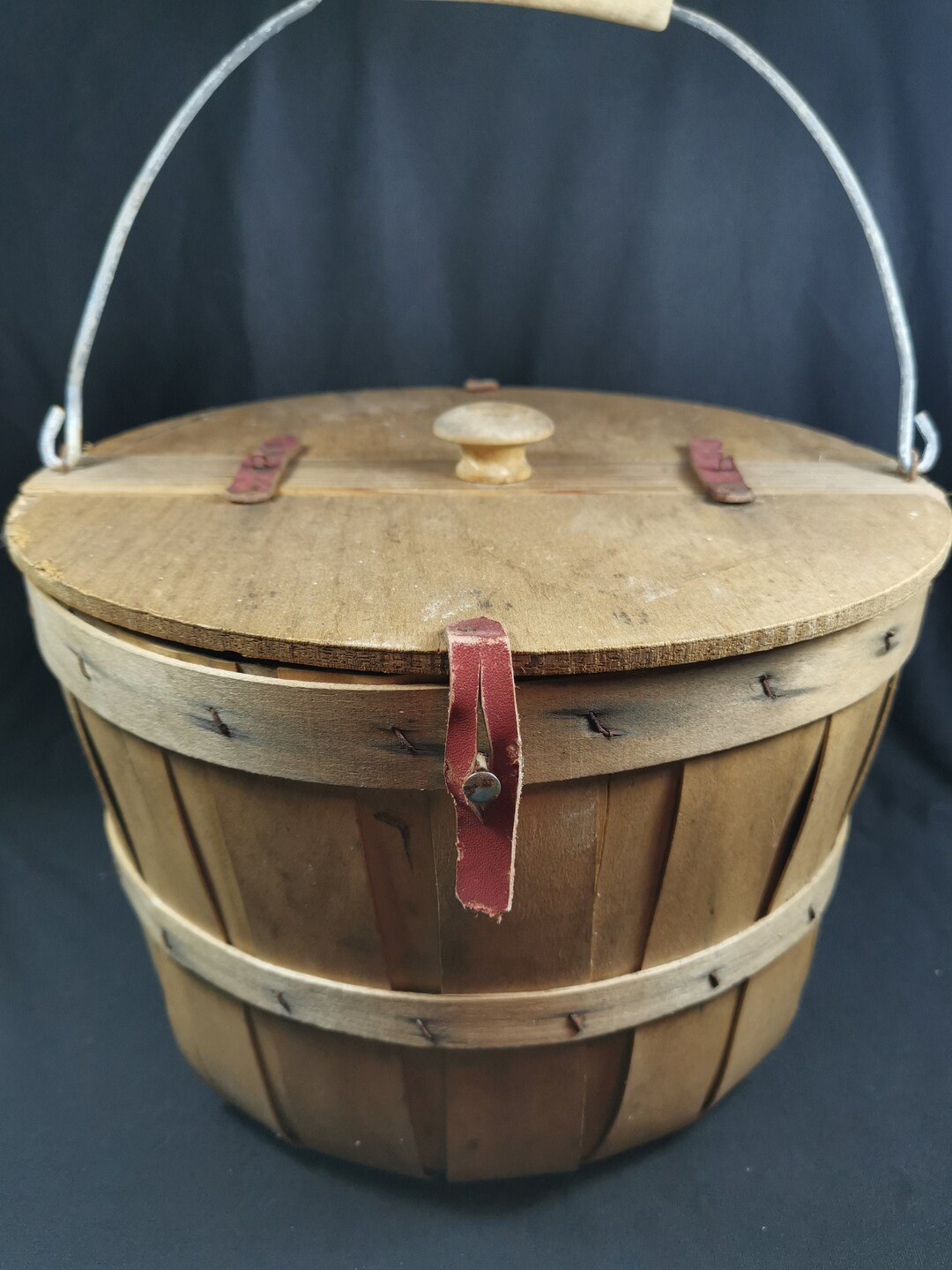 Vintage Basket Pail With Double Opening Top Handle Wood Metal and ...