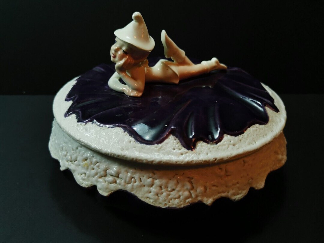 Vintage Pixie Elf Large Lidded Dish Box Trinket or Jewelry Storage ...