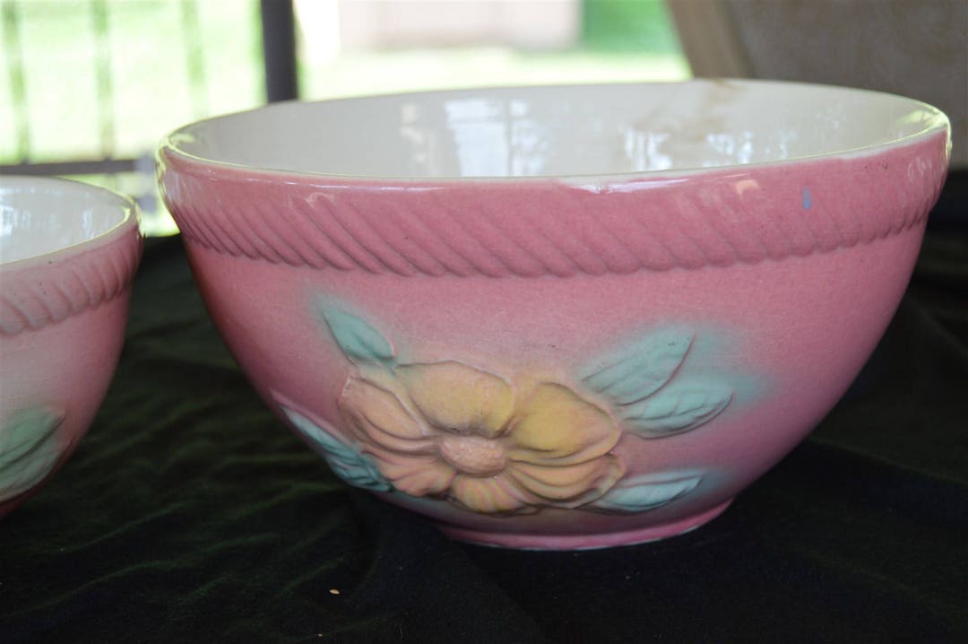 Vintage Ceramic Serving Bowl Set: Pink Floral Mid Century Kitchen ...