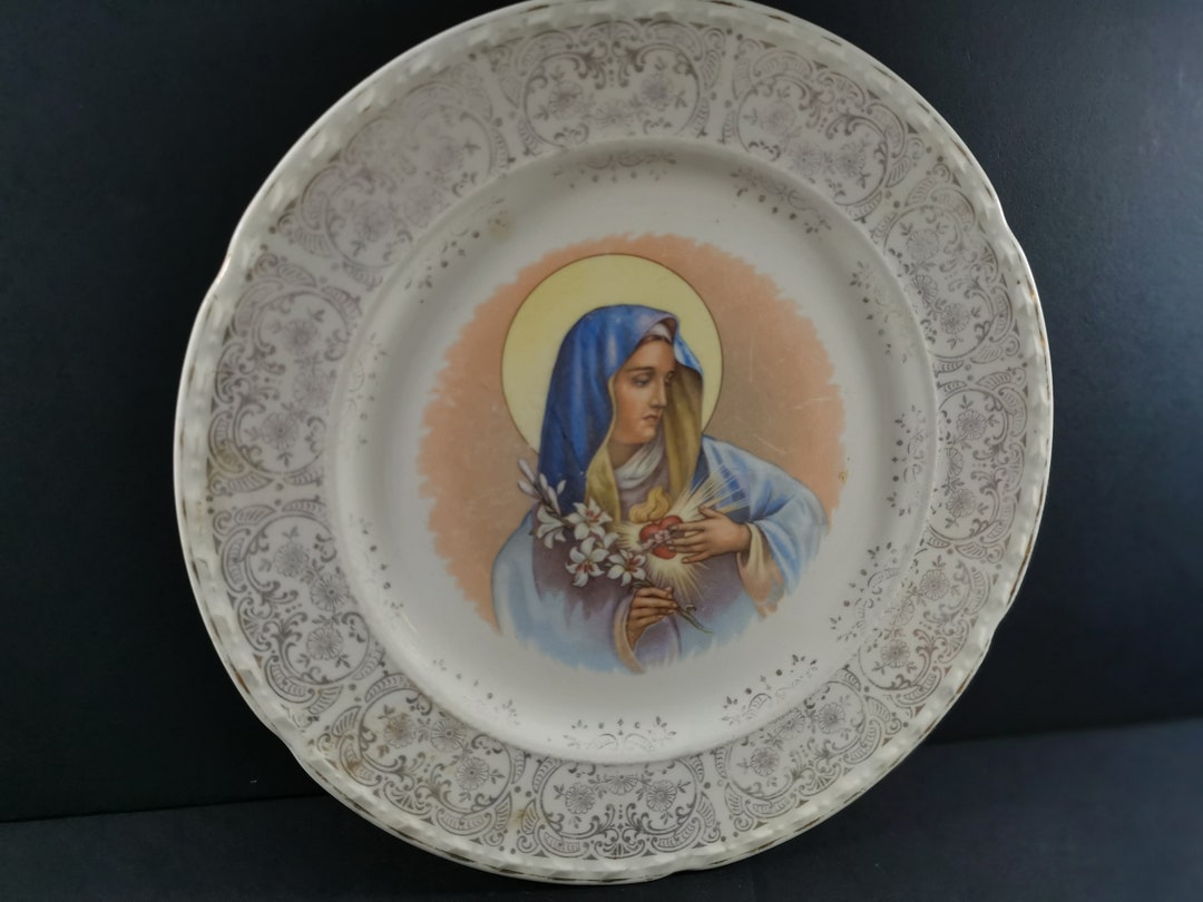 Antique Virgin Mary Madonna Sacred Heart Platter Plate Ceramic Pottery ...