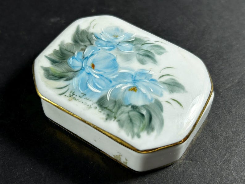 Vintage Porcelain Trinket Box: Hand Painted Blue Flowers, Signed - Etsy