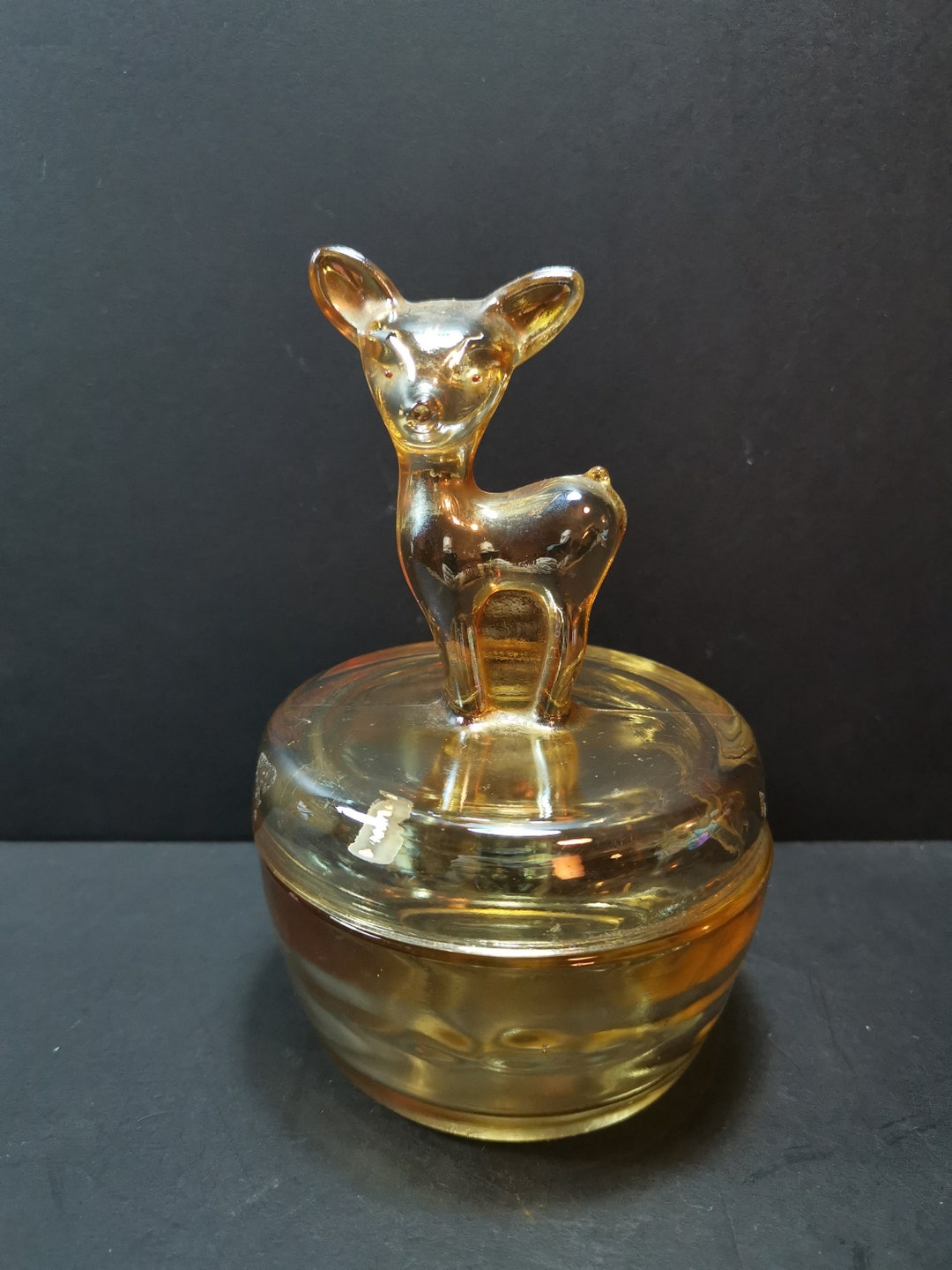 Vintage Marigold Carnival Glass Jeanette Deer Fawn Powder Box Trinket ...