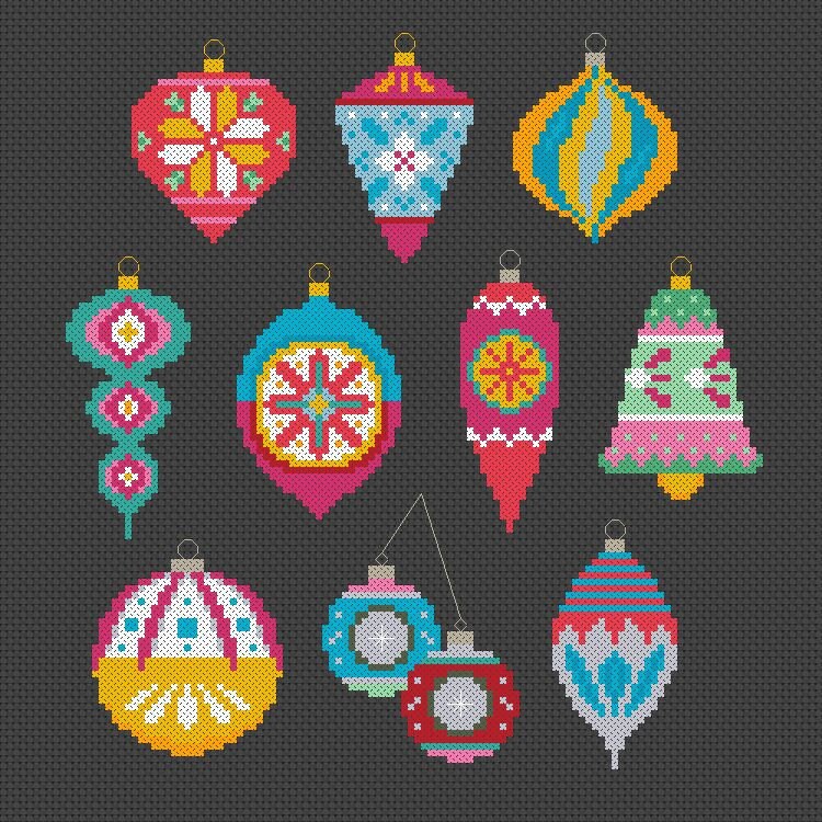 Retro Christmas Baubles Cross Stitch Chart, Set of 10 (PDF Pattern) - Etsy