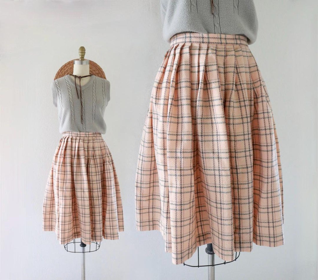 Full Wool Library Skirt - 27.5 - Vintage 70s Peach Gray Womens Wool ...