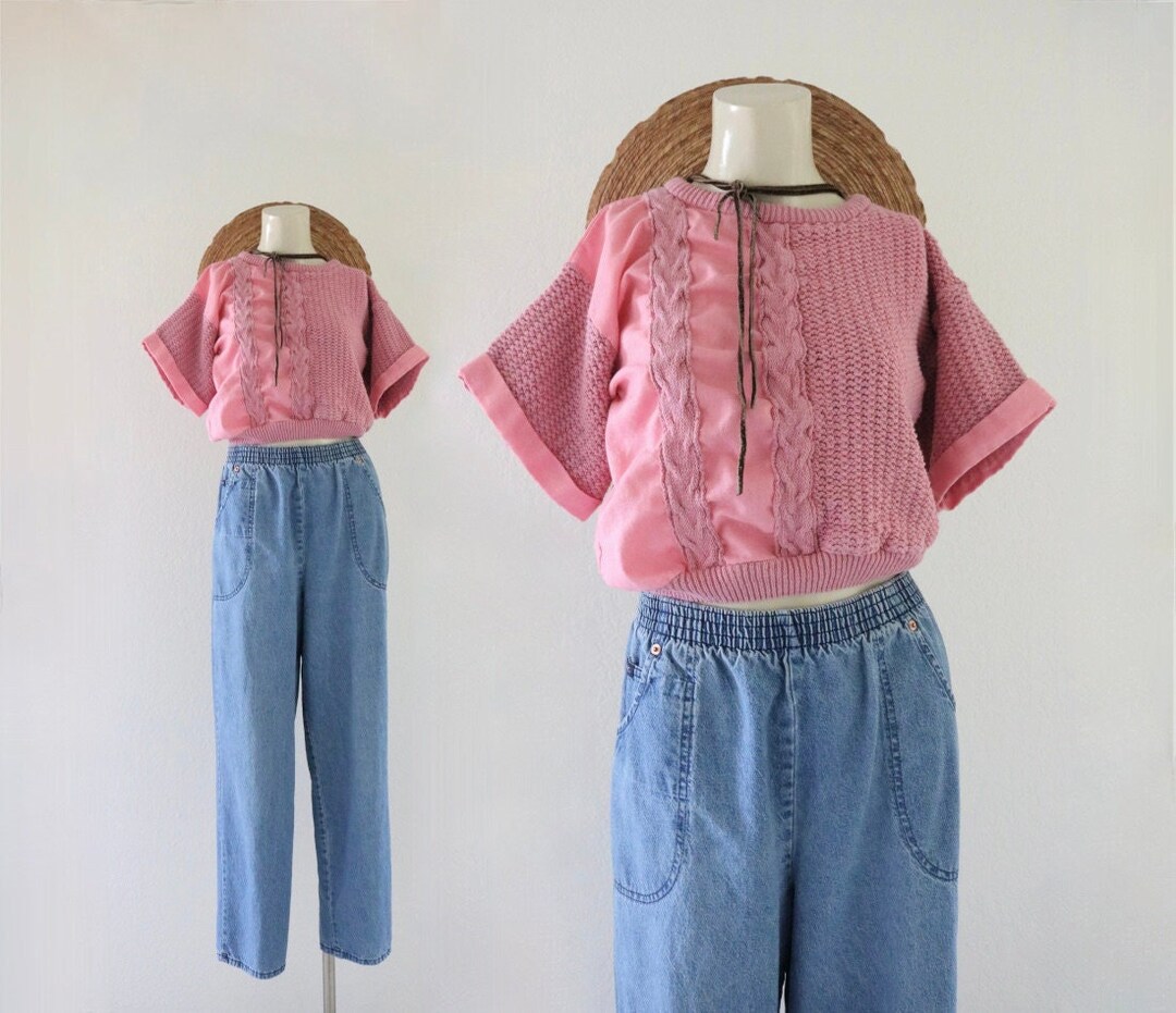 Cropped Knit Tee - S - Vintage 80s 90s Crop T-shirt Pink Womens Casual ...