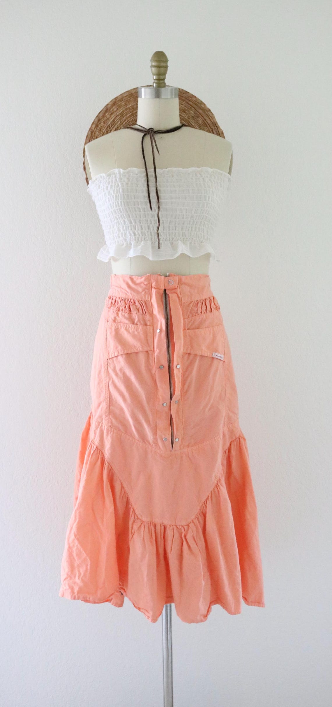 80s Peach Zip Front Skirt - 32-34 - Vintage Womens Ruffle Ruffled Midi ...