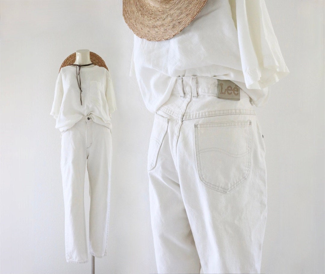 Worrrn USA Bone LEE Jean 32 Vintage Womens Cream off White Ivory High ...