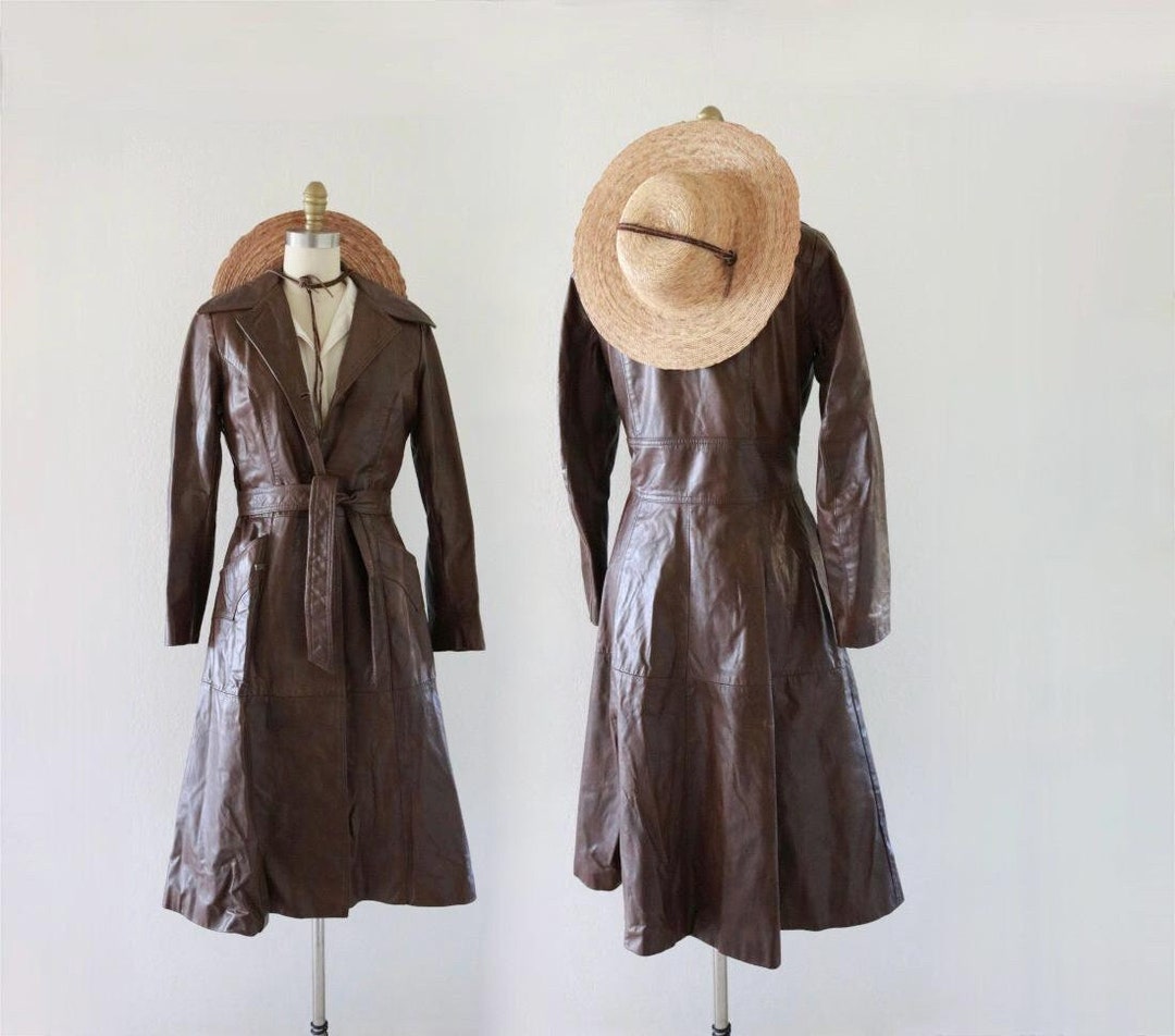 70's Rich Brown Leather Trench Jacket S Vintage 60s 70s 1960s 1970s ...