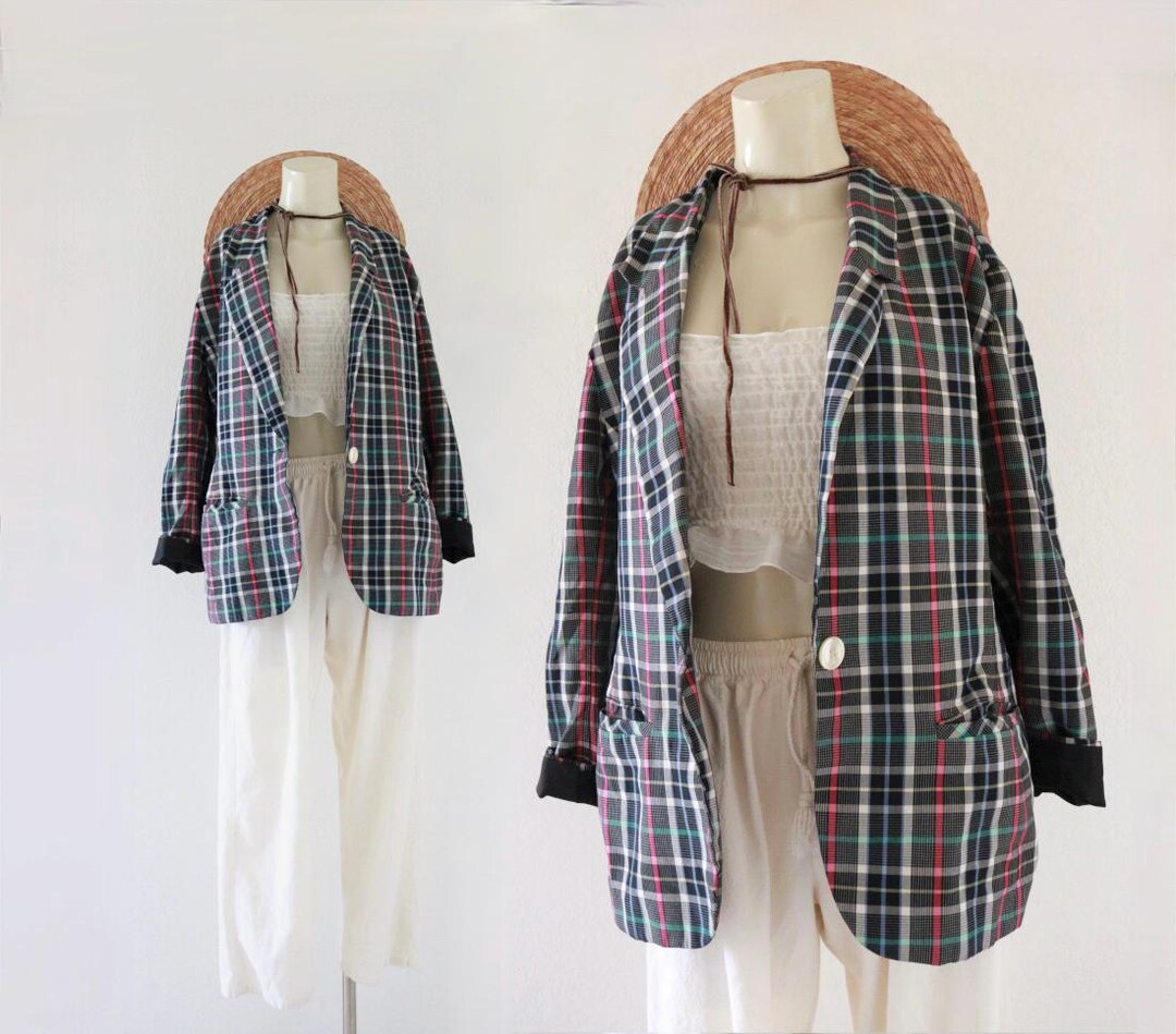 Plaid Library Jacket - M- Womens 90s Black White Check Plaid Minimal ...