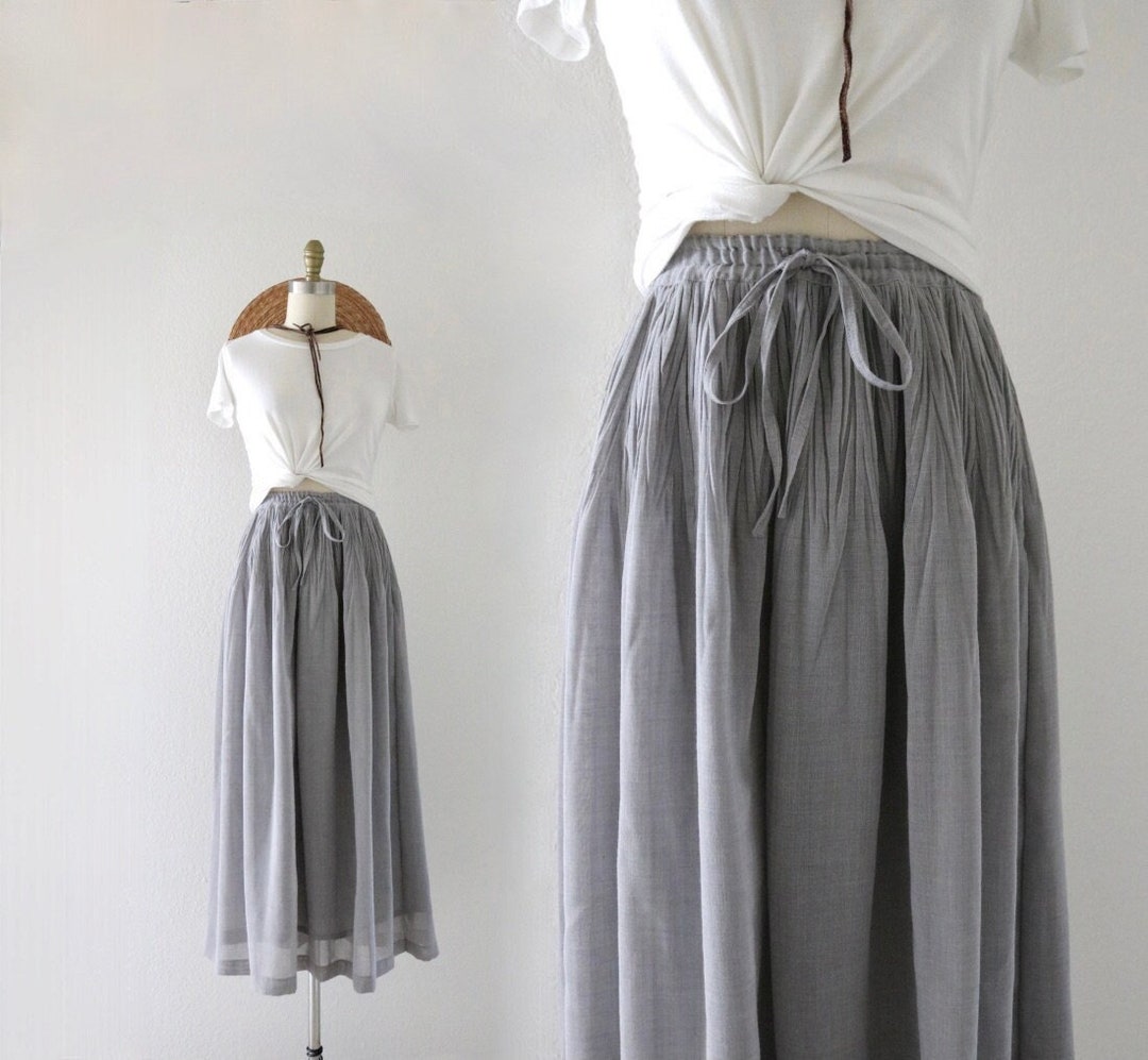 Draw String Wool Maxi Skirt 24-26 Vintage Sheer Gray Gauze Full Minimal ...