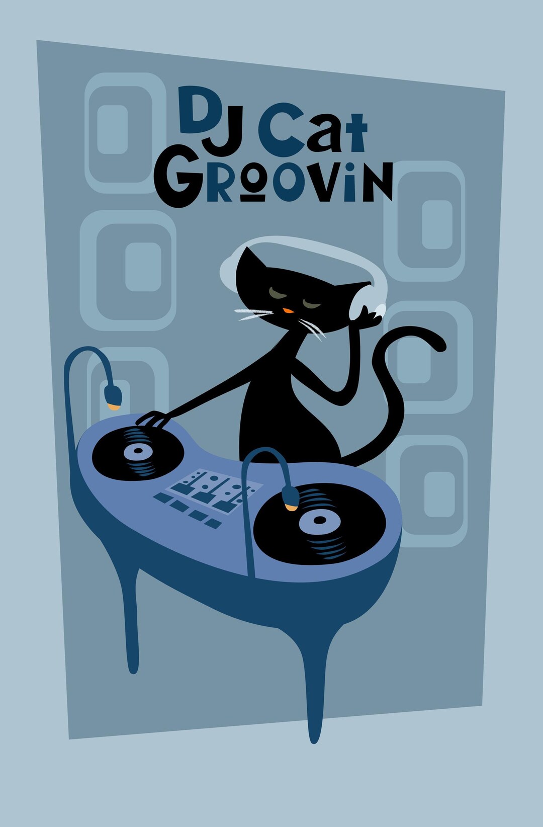 Retro Black Cat DJ Art Print: Mid-century Groovy Wall Decor (digital ...
