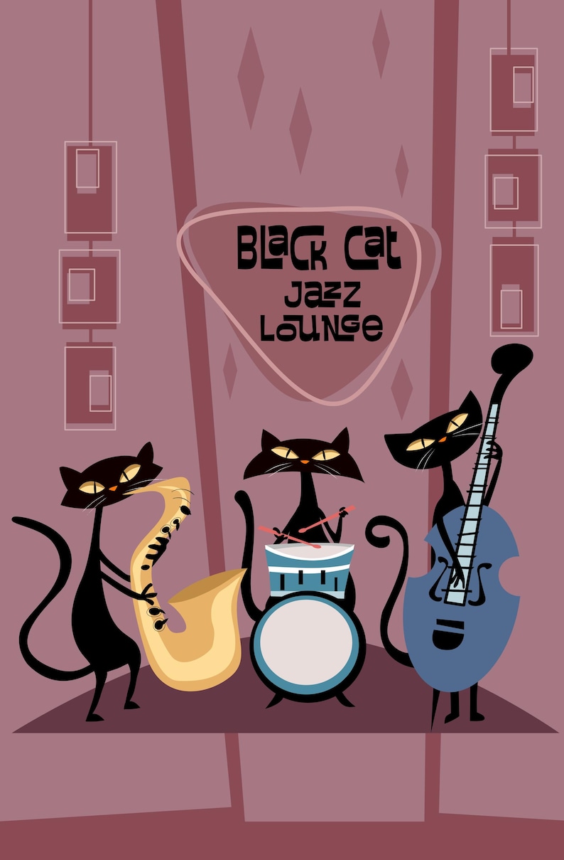 Mid Century Modern Cat Jazz Poster, Jazz Wall Art, Cat Lover Gift, Mid ...