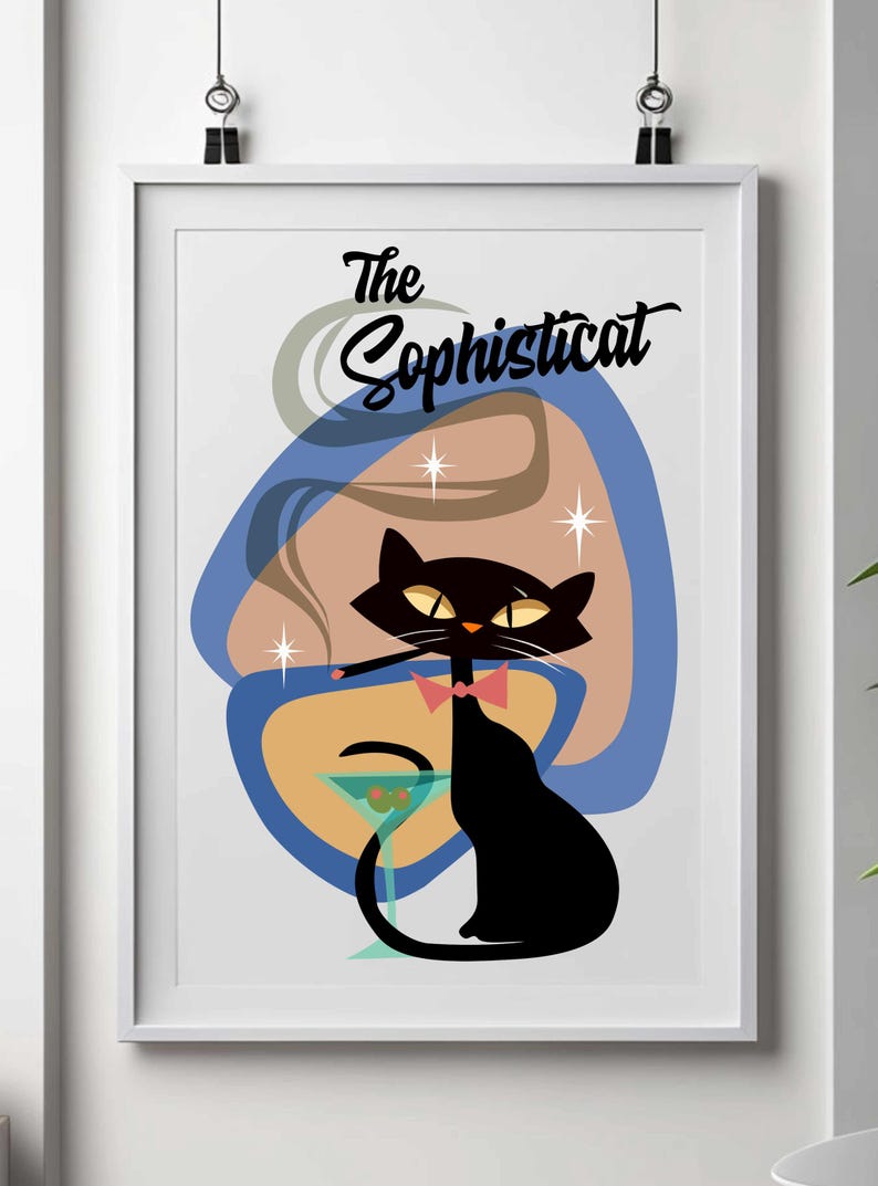 Retro Cat Print, Midcenturymodern Wall Art, Cat Lover Gift, Black Cat ...