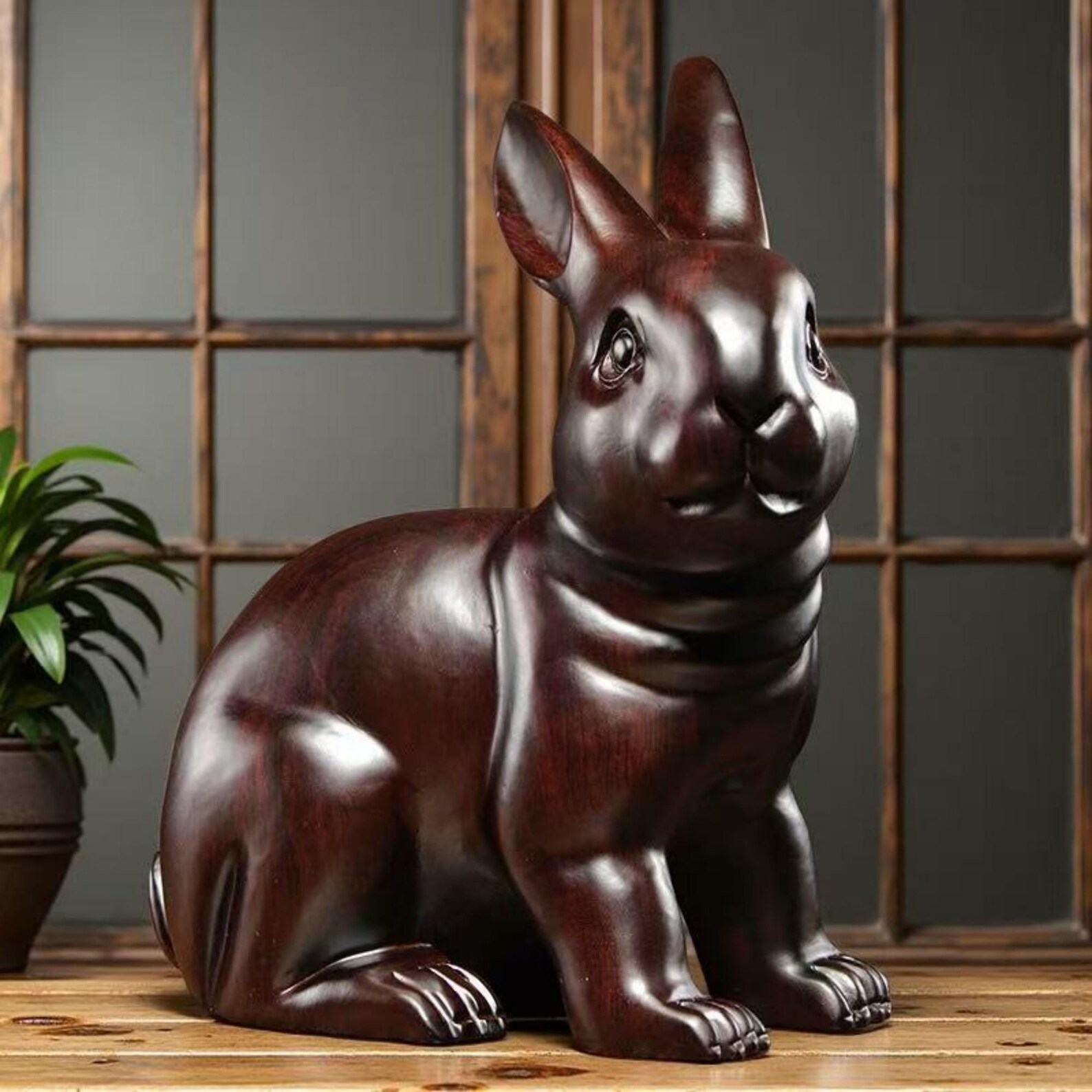 Handcarved Rabbit Statue- Wooden Figurine, Ebony Lucky Feng Shui Animal ...