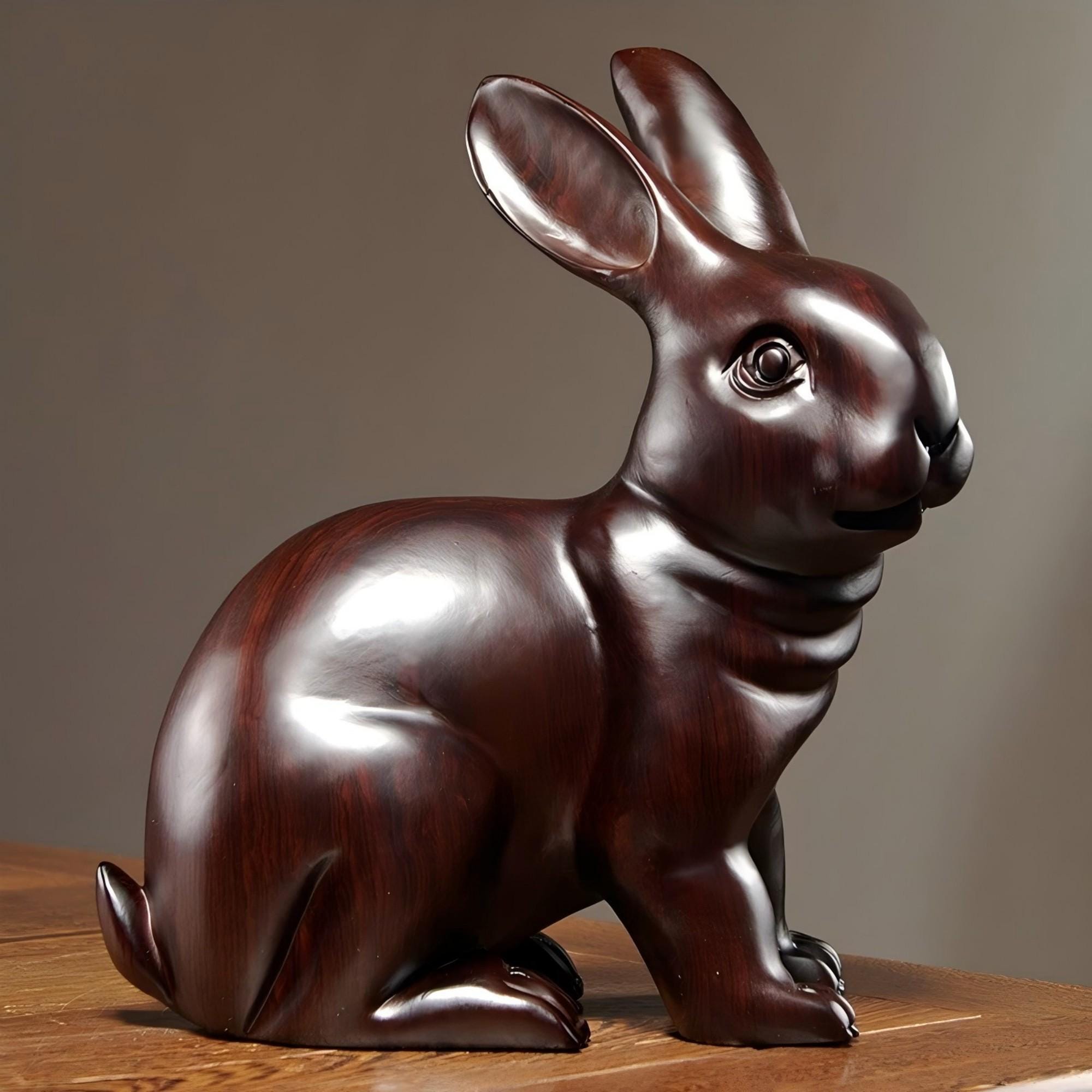 Handcarved Rabbit Statue- Wooden Figurine, Ebony Lucky Feng Shui Animal ...