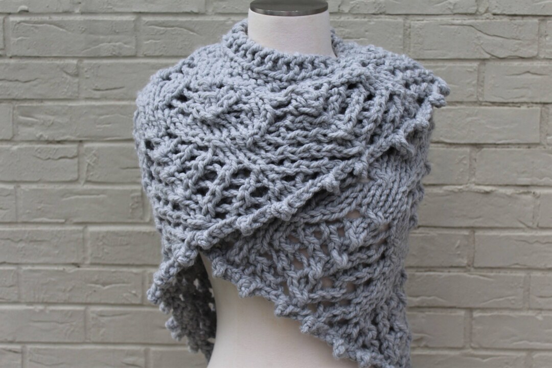 Dove Gray Chunky Knit Shawl, Hand Knit Shawl Wrap, Gray Lace Knit Shawl ...