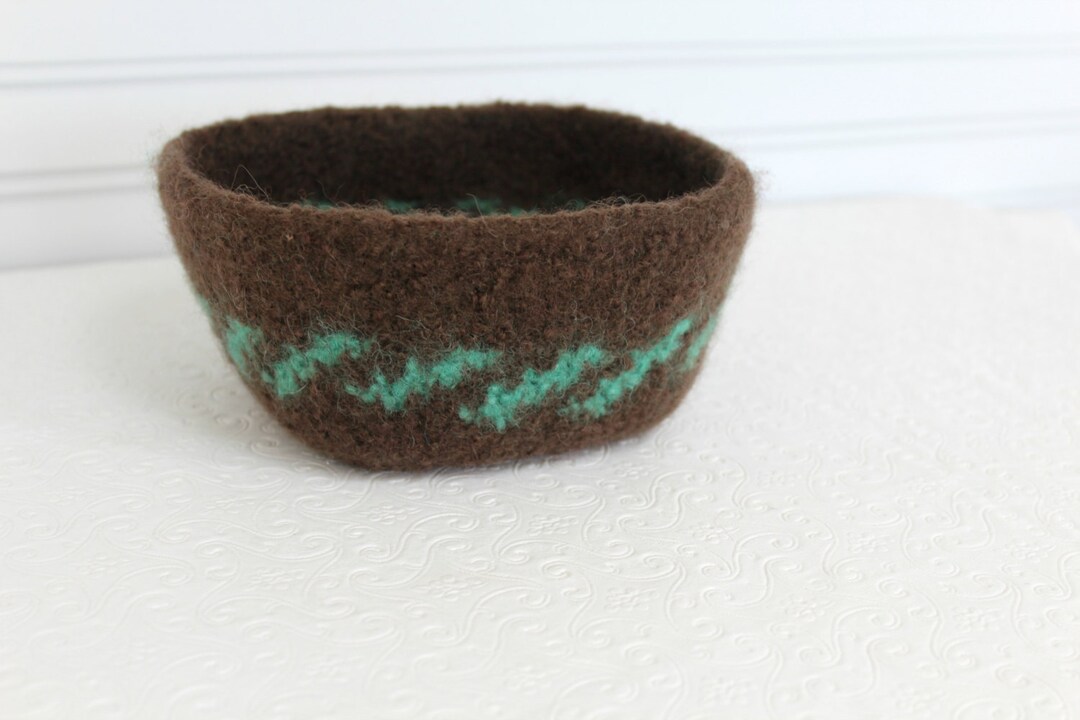 Brown and Mint Green Felted Wool Basket, Knit Storage Basket, Brown ...