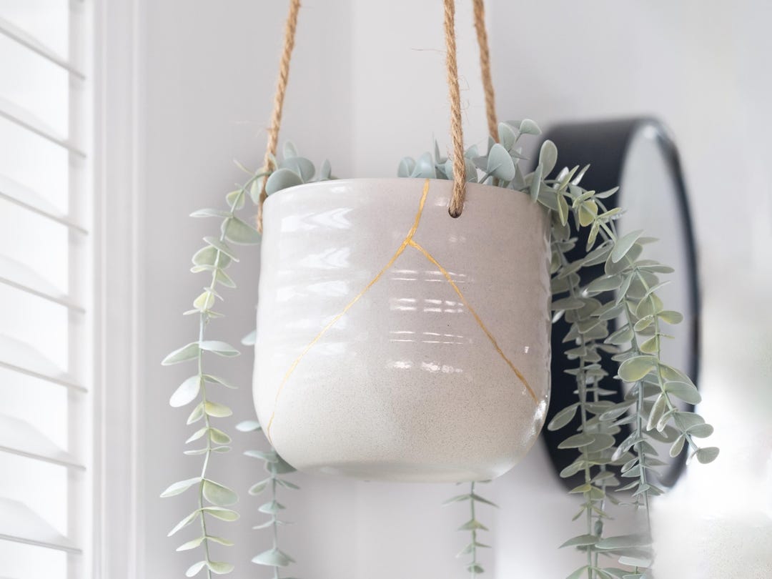 Kintsugi Style Hanging Planter – 5.5 Inch Cream Ceramic Pot With Faux ...