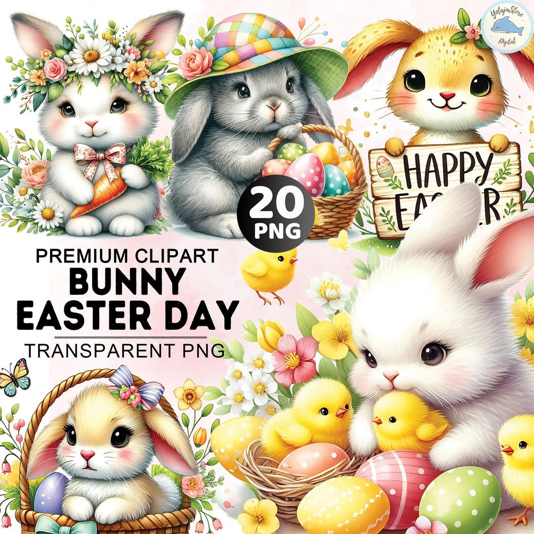 20+ Spring Bunny Bundle Clipart PNG, Watercolor Easter Bunny Clipart ...