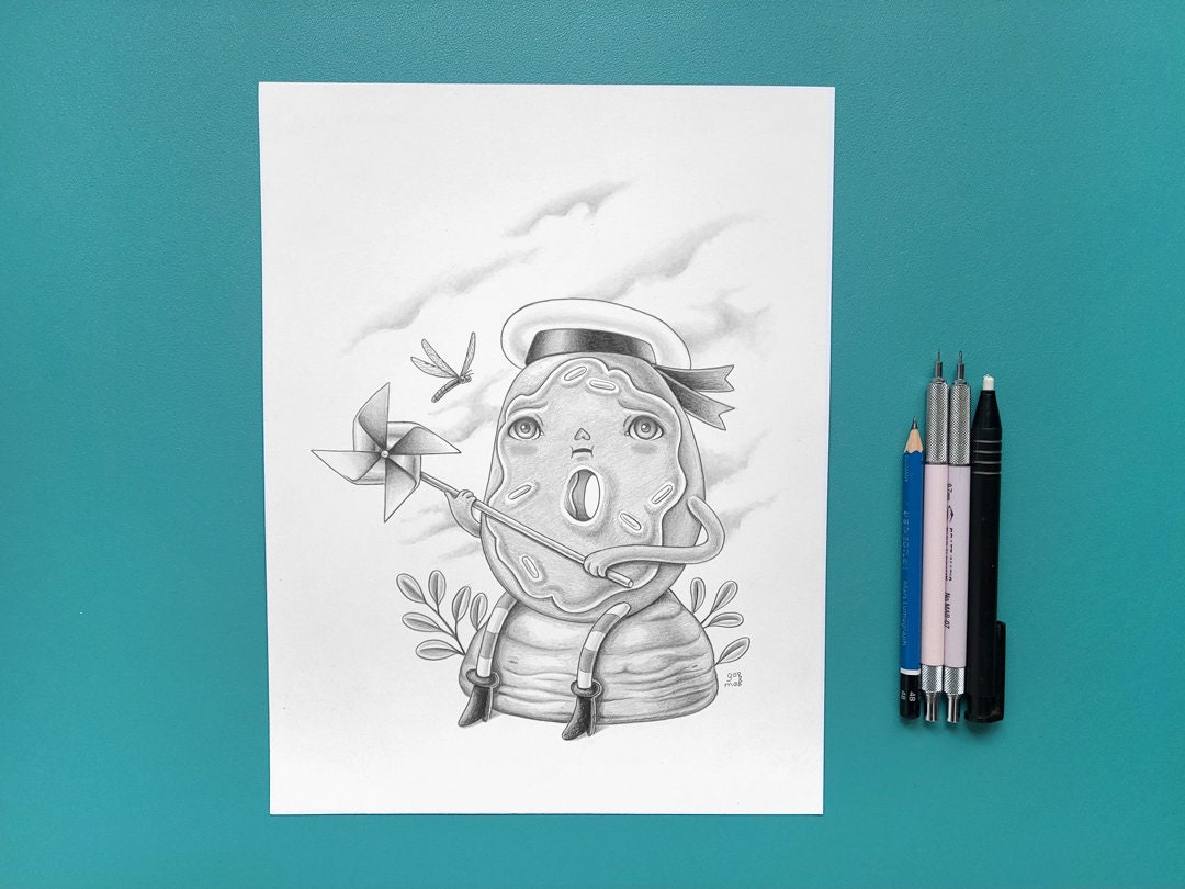 Original Art on Paper 8.5x11 Graphite Drawing Sad Donut by Grelin ...