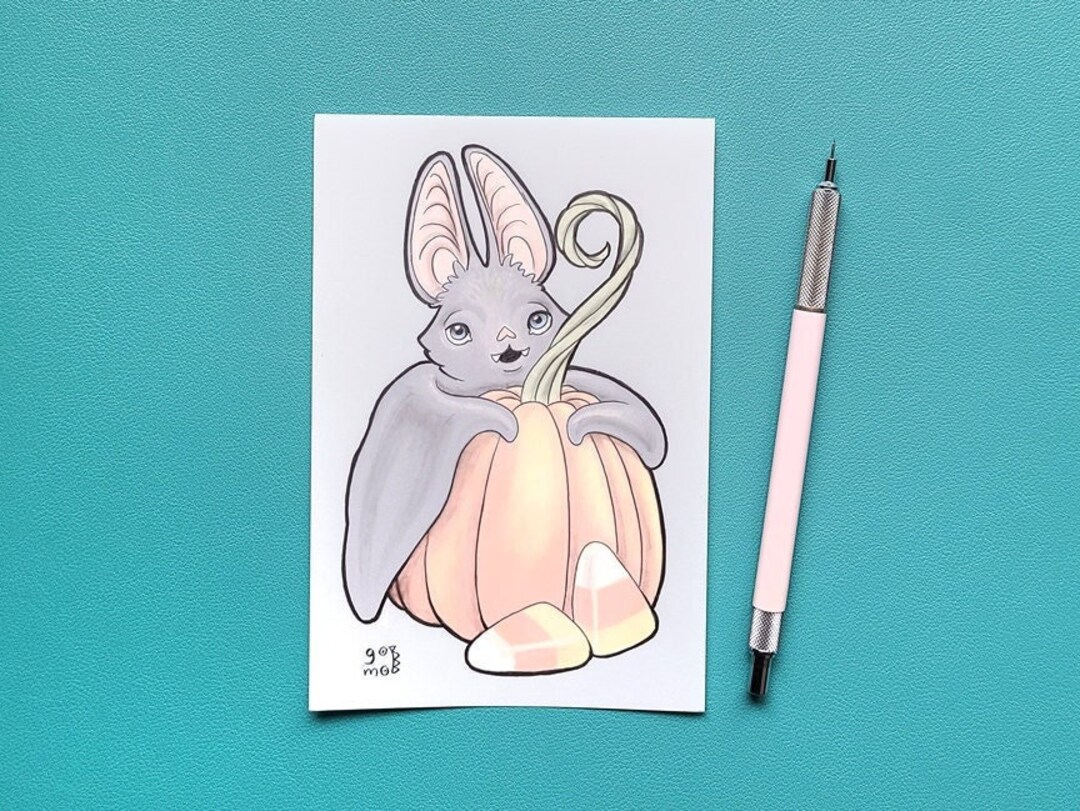 Small Original Art on Paper 4x6 Drawing Cute Bat With Pumpkin by Grelin ...