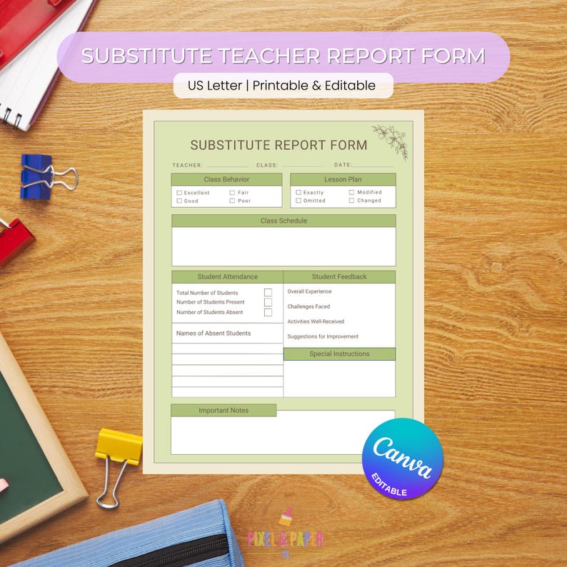Customizable Substitute Teacher Report Template | Instant Download ...