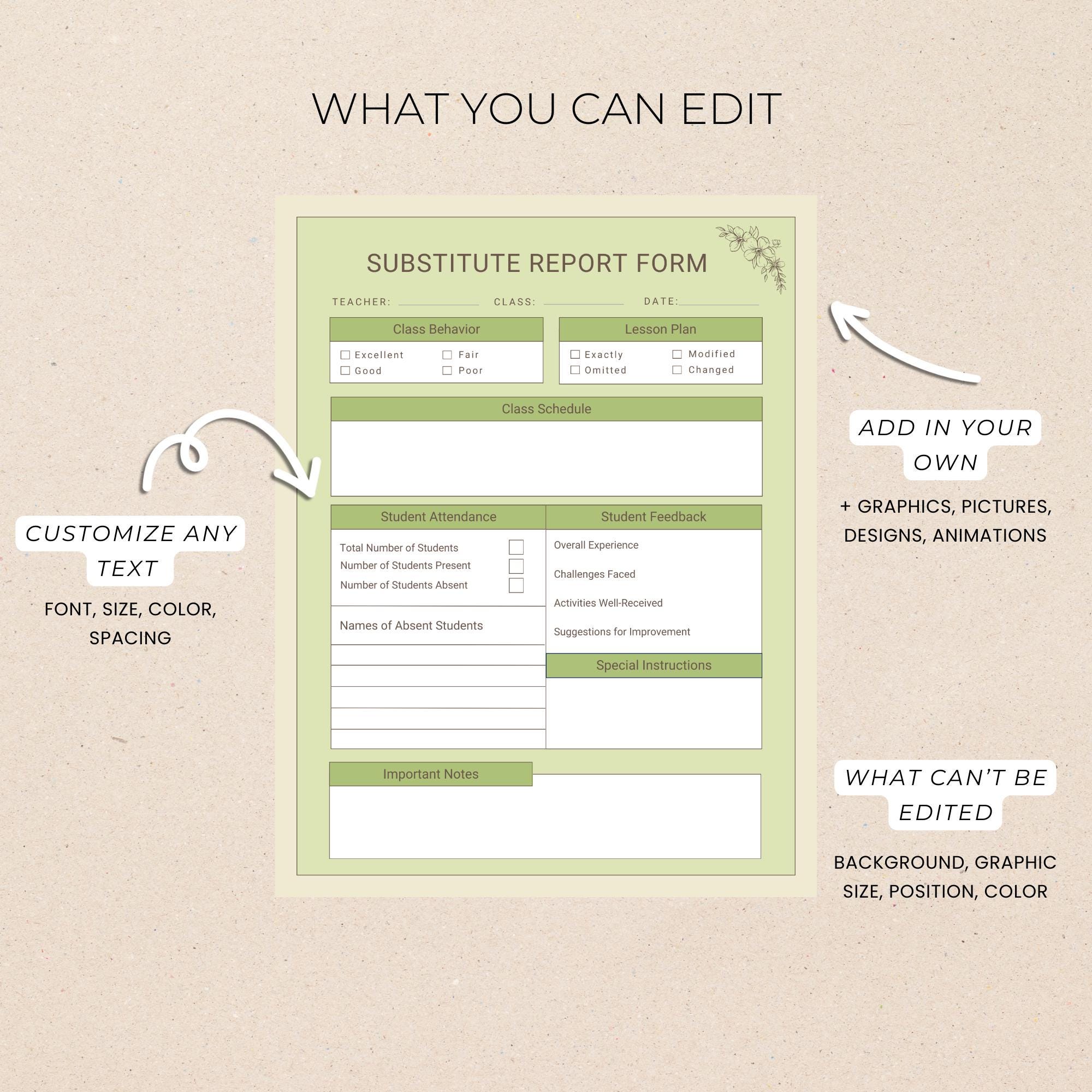 Customizable Substitute Teacher Report Template | Instant Download ...