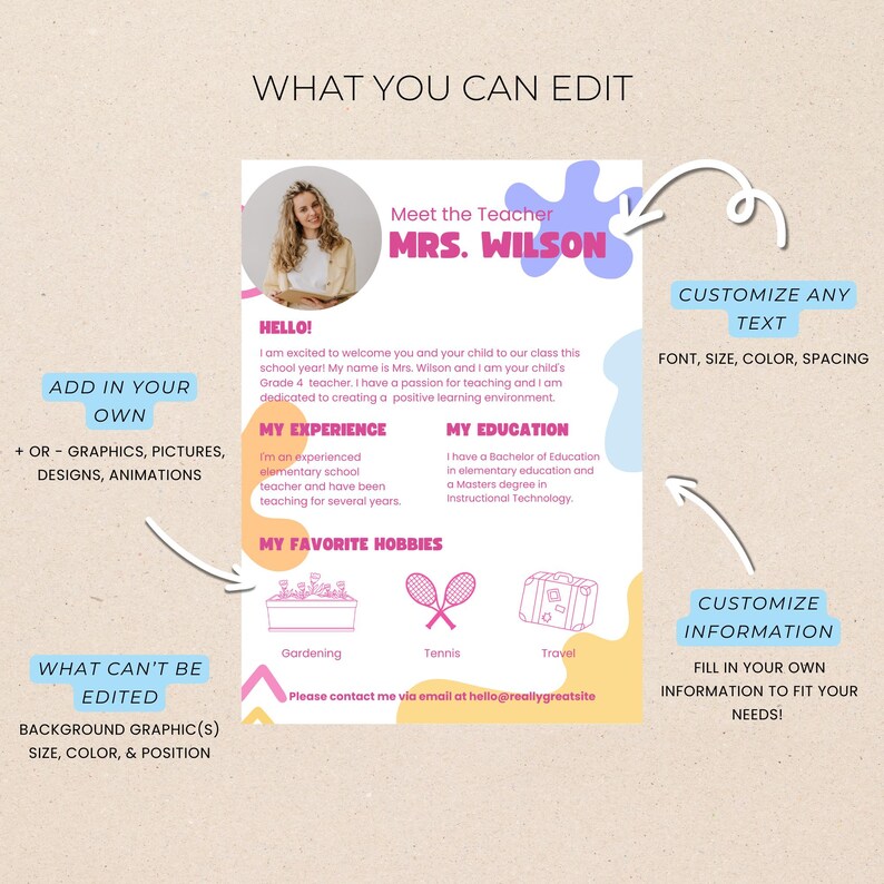 Editable Meet the Teacher Introduction Sheet | Customizable Canva ...