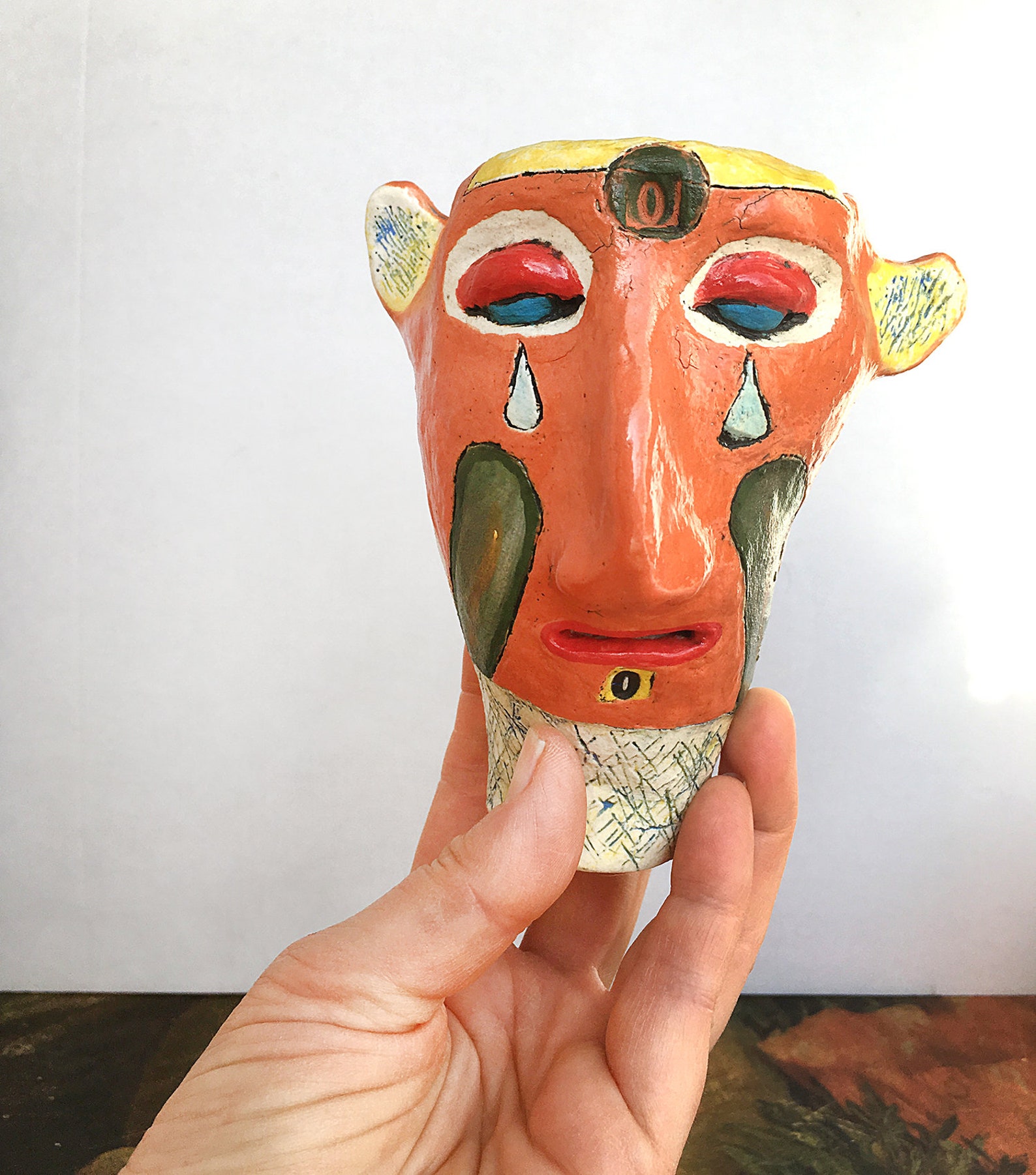 Handmade Ceramic Head Primitive Wabi Sabi Sculpture Art Ancient Alien ...