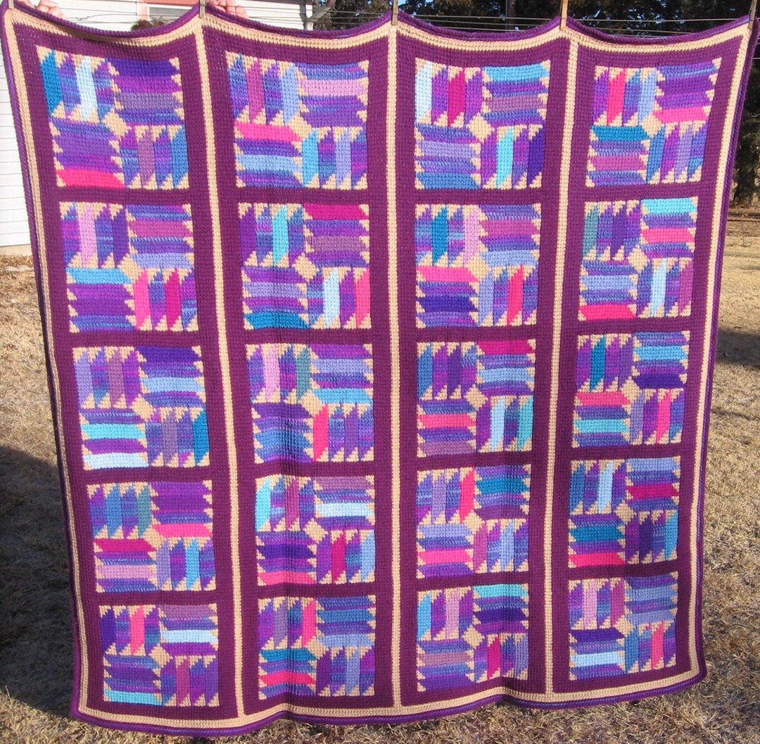 Tunisian Crocheted Grape Fizz Spanish Steps QUILT-LQQK Afghan in Purple ...