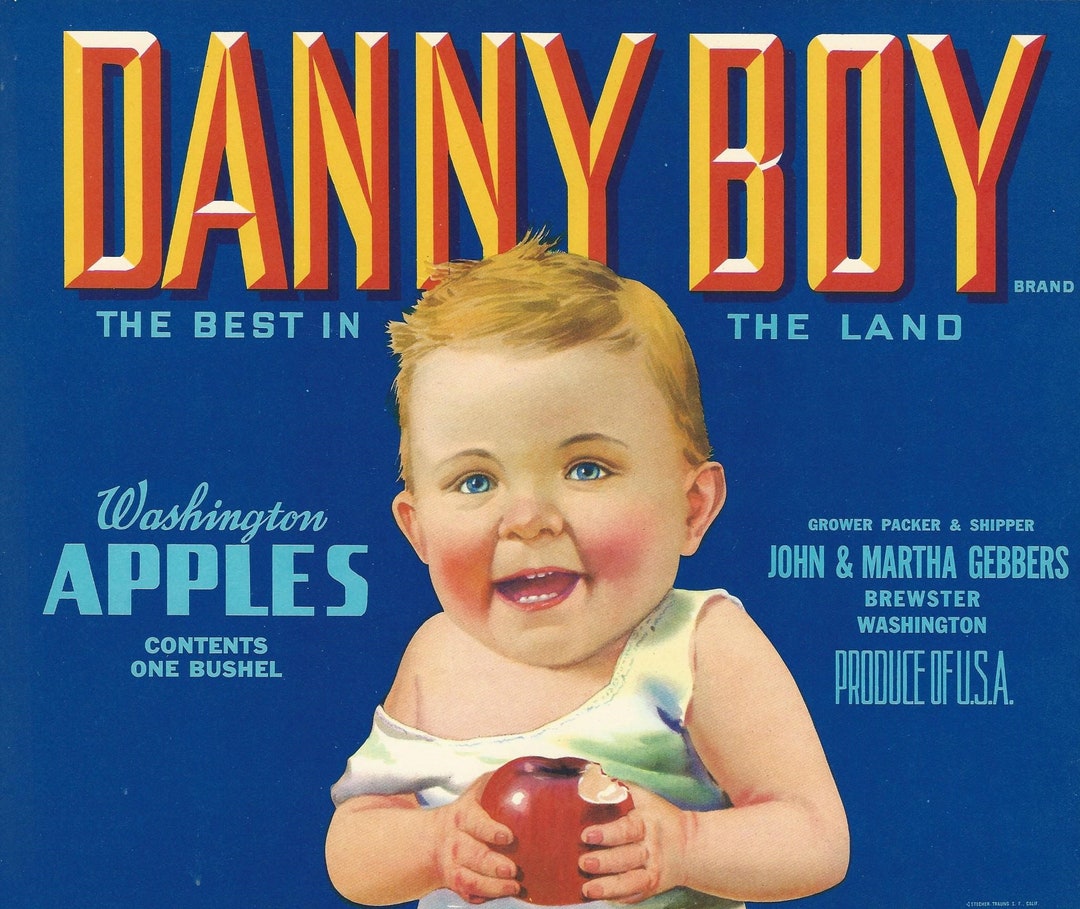 Original Vintage Lithograph Rare 1940s DANNY BOY Apples Fruit Box Label ...