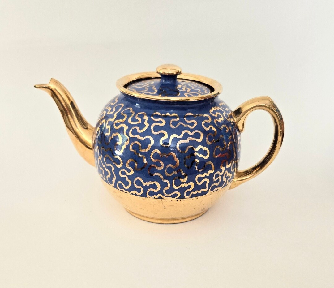 Vintage Sadler Teapot Blue Gold Two Tone Wave Design Made in England ...