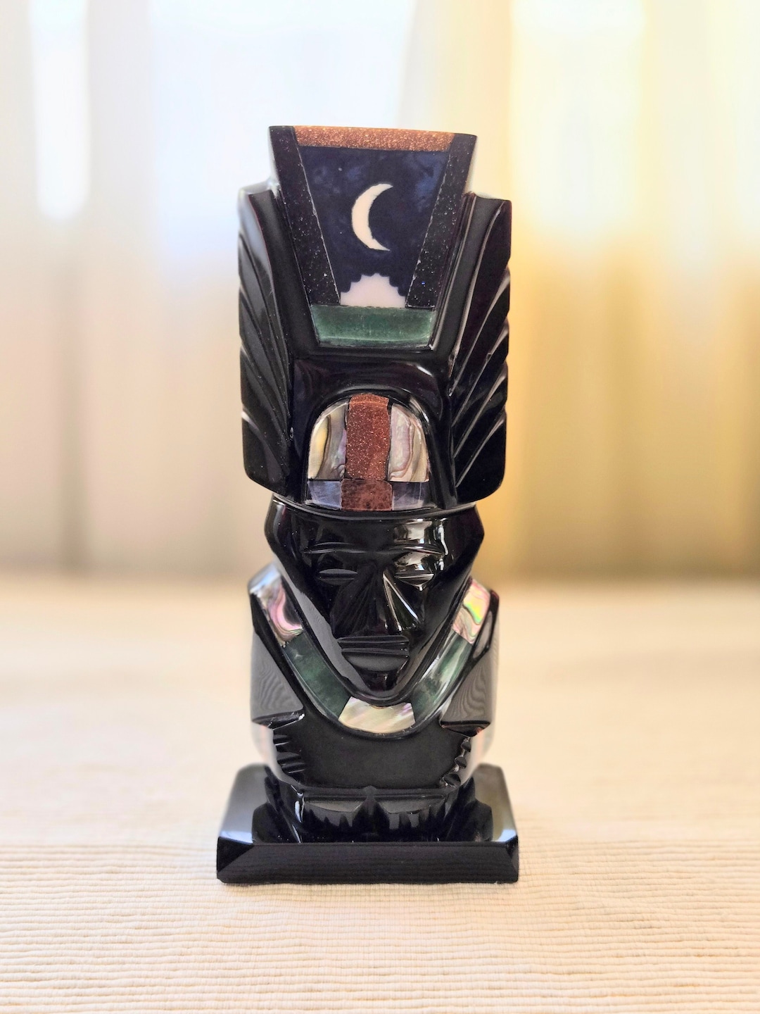 Aztec Statue Carved Black Onyx Mayan Inlaid Semi Precious Stones ...