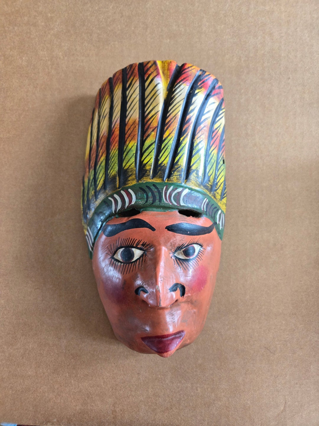Aztec Mexican Mask Hand Carved Wood Feathered Headdress Latin America ...
