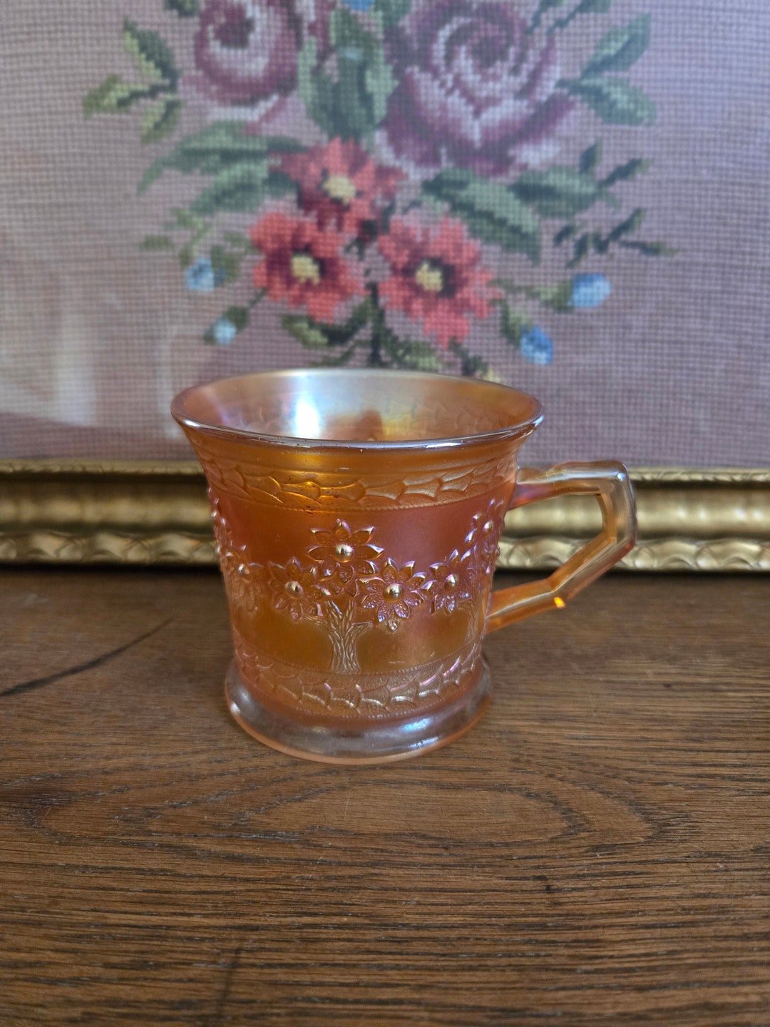 Fenton Carnival Glass Cup Orange Tree Scroll Amber Iridescent Tea ...