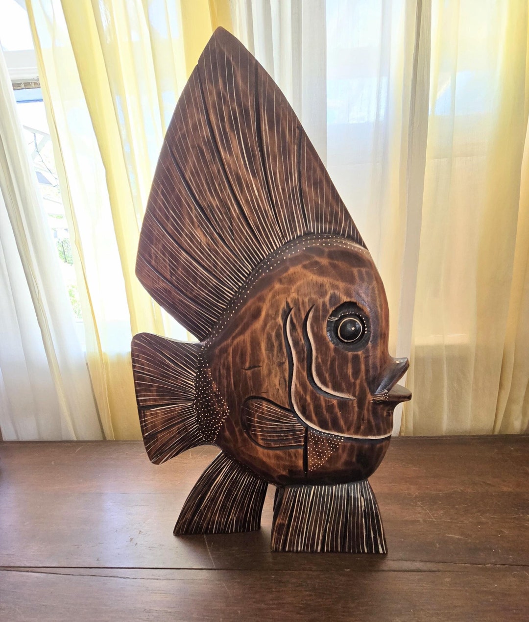 Angel Fish Sculpture Large Hand Carved Wood Figure Hand Painted Coastal ...