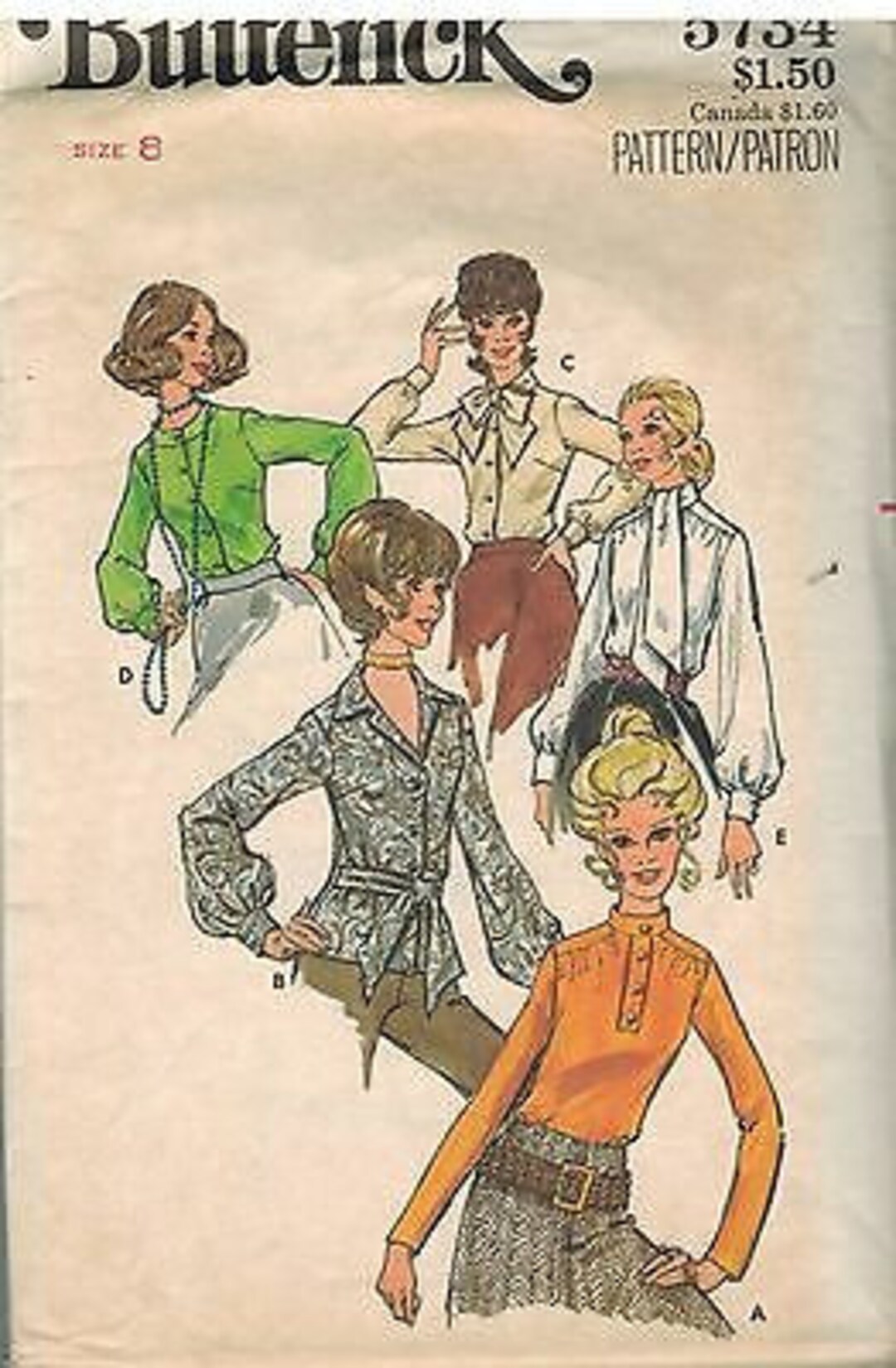 5734 Vintage Butterick Sewing Pattern Misses Button Front Blouse in 5 ...