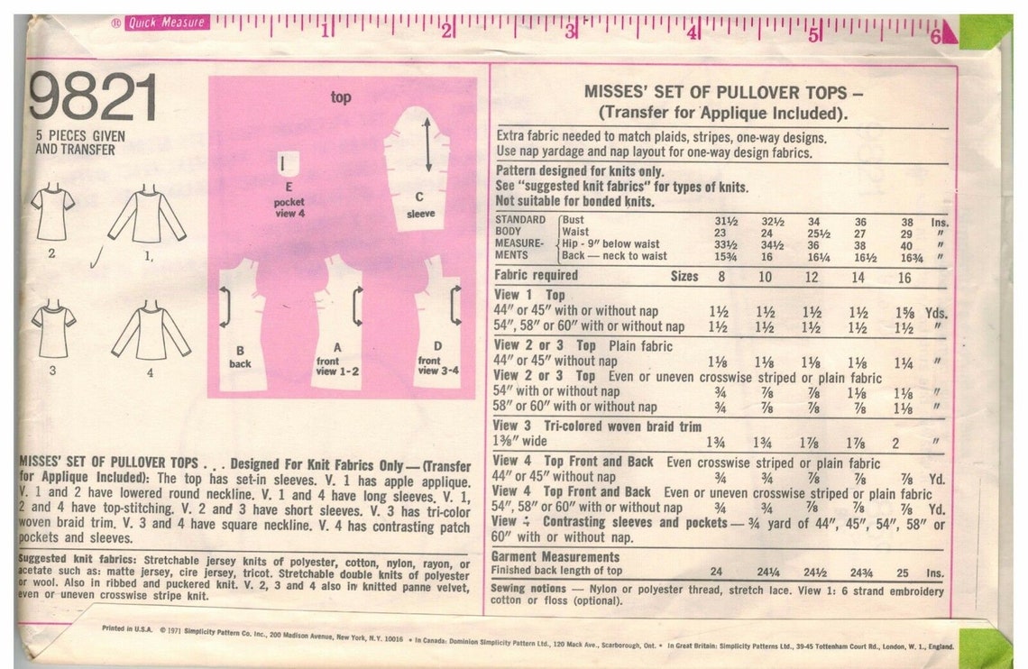 9821 Vintage Simplicity Sewing Pattern Misses Set of Pullover Tops ...