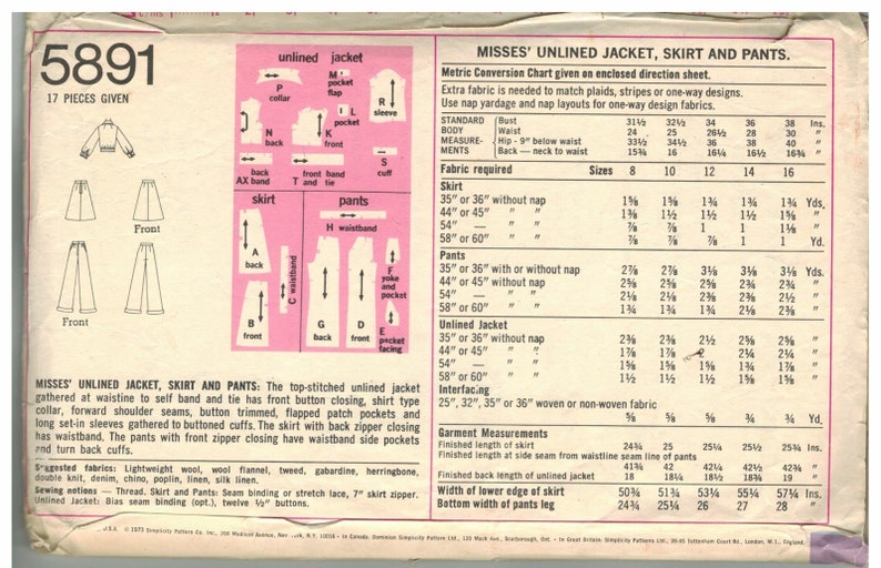 5891 Simplicity Sewing Pattern Misses Top Stitched Unlined Jacket Skirt ...