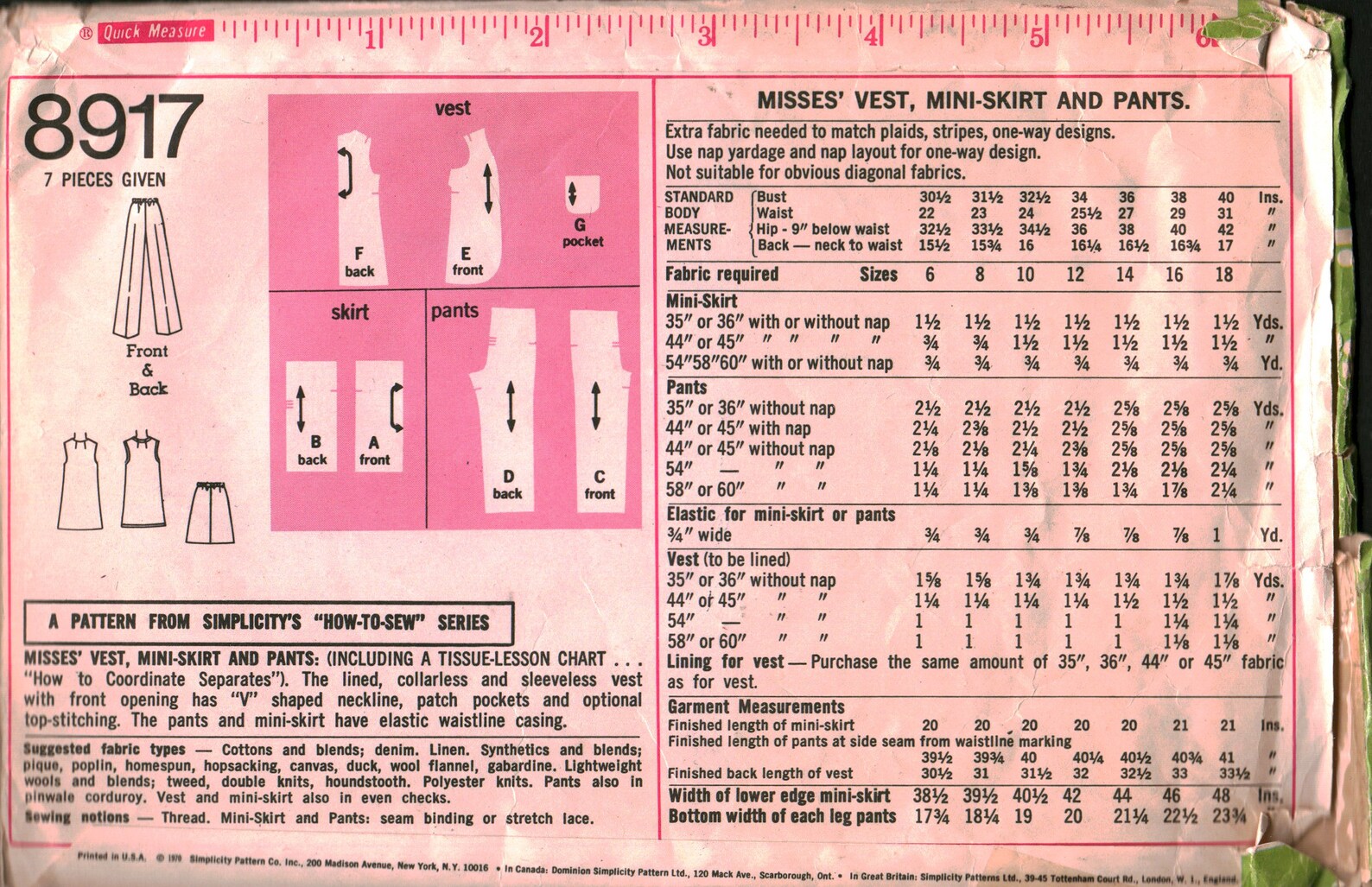 8917 Simplicity Vintage SEWING Pattern Misses Vest Mini Skirt | Etsy