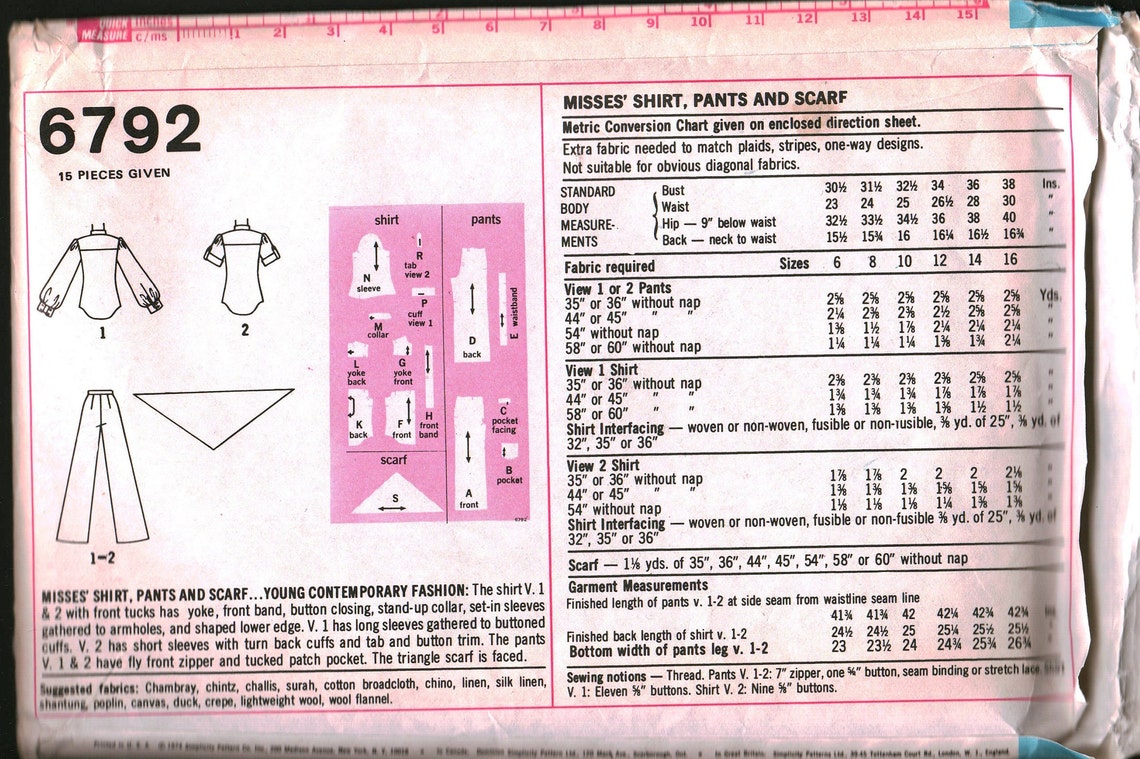 6792 Simplicity Sewing Pattern Misses Pants Shirt Scarf 1970s - Etsy