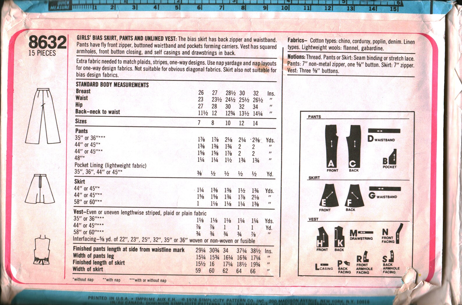 8632 Simplicity Vintage SEWING Pattern Girls Skirt Pants Unlined Vest ...
